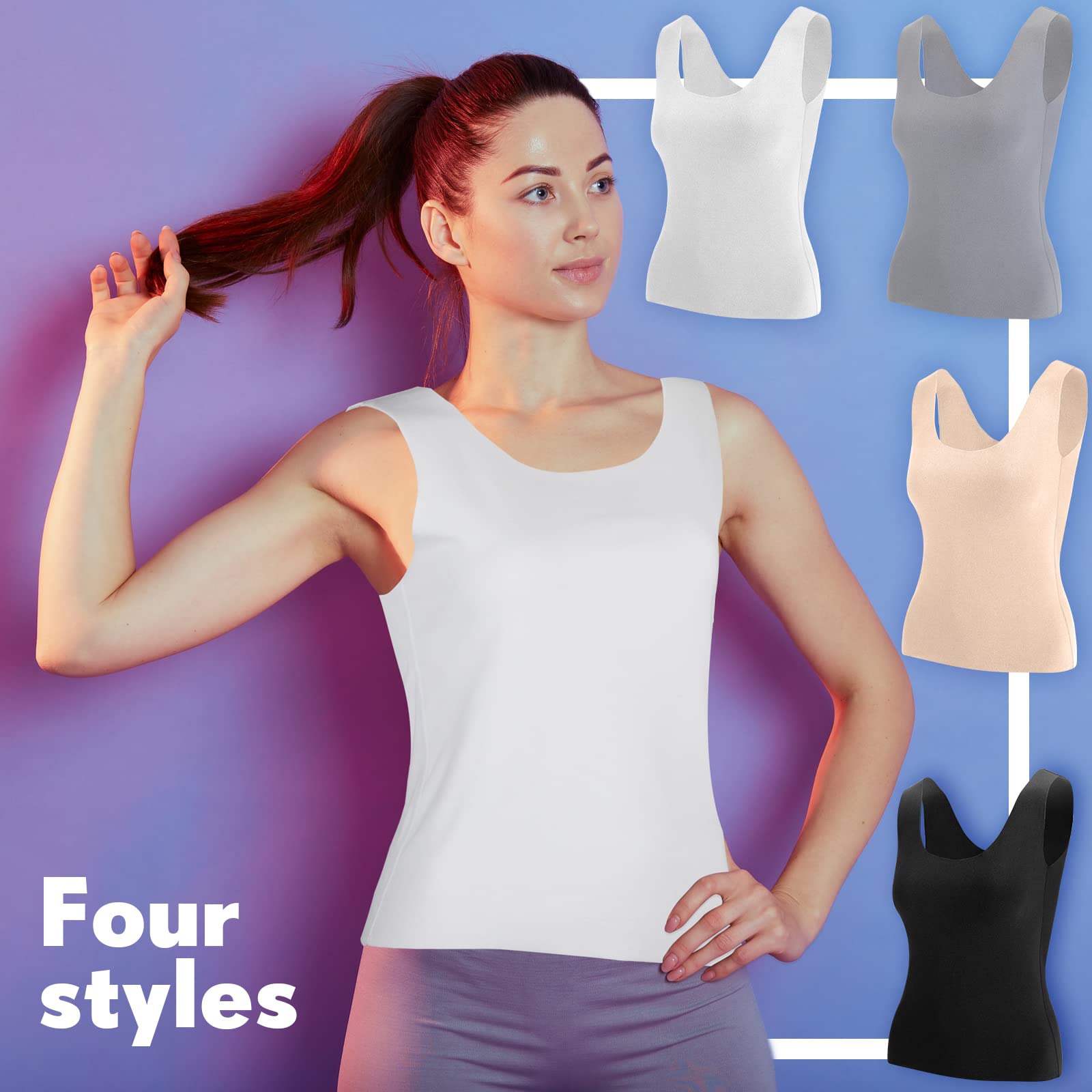 Hicarer 4 Pieces Thermal Tank Top for Women Lined Underwear Scoop Neck Womens Base Layer Sleeveless Under Vest Warm (Large)
