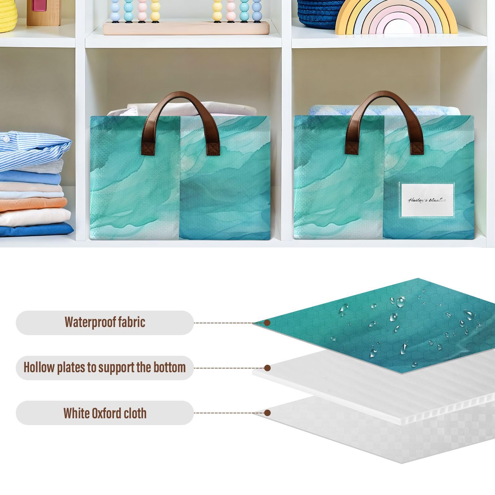 NFMILI Storage Basket Blue Teal Marble Print Storage Bins with Steel Frame,Foldable Storage Cube with Handles 1 Pack