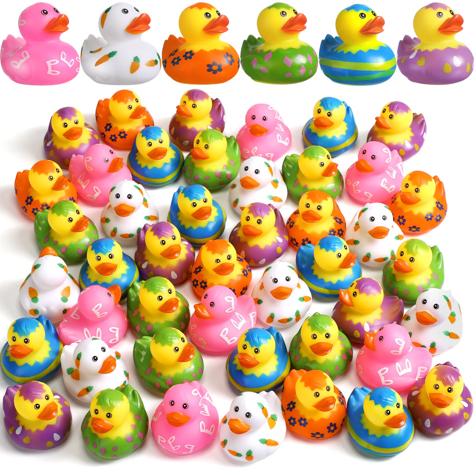 Jerify 2 Inch Easter Rubber Ducks Small Carrot Egg Pattern Rubber Duckies Assortment Float Toy Bulk for Pool Party Class Prizes Birthday Gift Bag Fillers Summer Beach Bathtub Shower Favors(48 Pieces)
