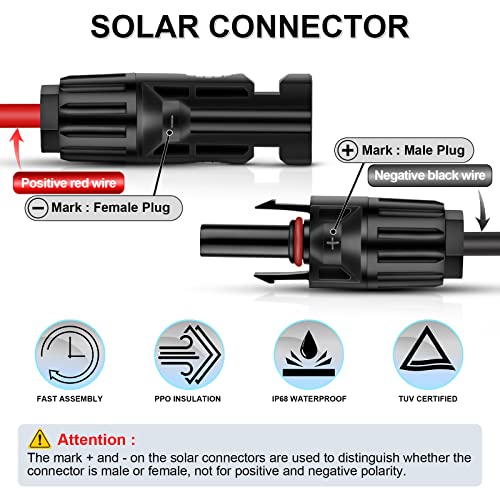 iGreely 1 Pair 6 Feet Black + 6 Feet Red 10AWG(6mm²) Solar Panel Extension Cable Wire with Female and Male Connectors