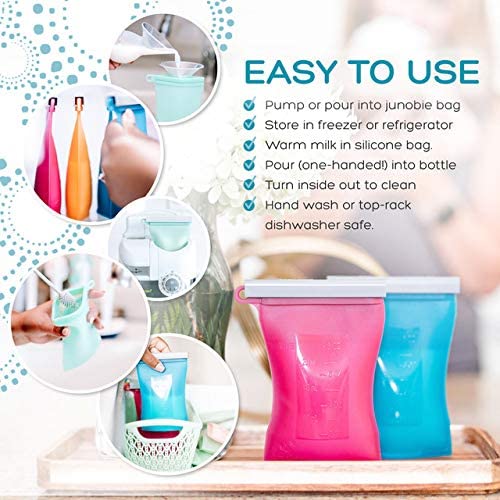 JUNOBIE Bag 4-Pack (Pink, Mint, Gray) | Reusable Breastmilk Storage Bags (As Seen on Shark Tank) | Milk Storage Container