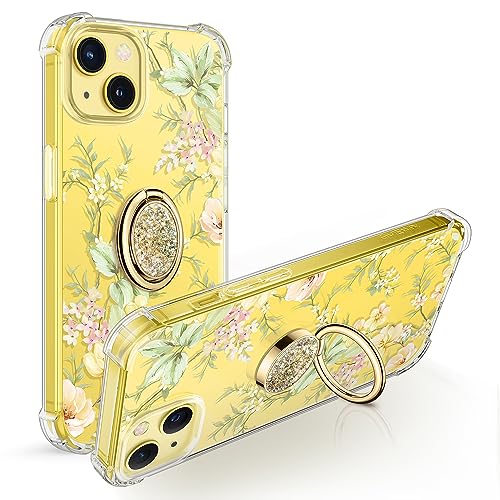 GVIEWIN Bundle - Compatible with iPhone 14 Plus Case with Screen Protector & Camera Lens Protector(Peach Blossom/Yellow)+Phone Ring Holder(Golden Glitter)