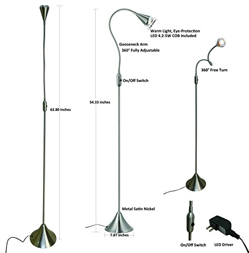 HomeFocus - LED Floor Lamp, Floor Lamp,Floor Light,Eye-Caring,Floor Lamp for Living Room,Bedroom,Metal,Satin Nickel,Flexible Gooseneck,LED 5W,3000K,Warm White Light,Energy Efficient Super Bright.