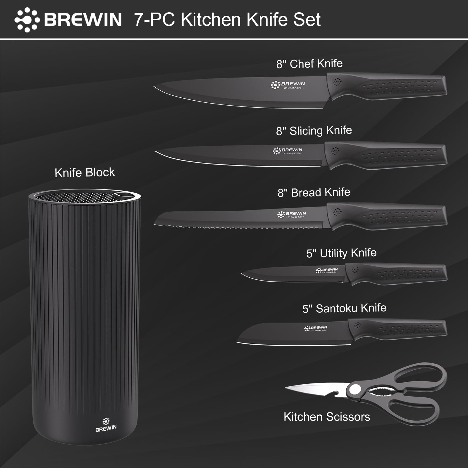 Knife Set, Brewin Kitchen Knife Set, Knives Set for Kitchen, Universal Knife Block, Utility Knife Block Set, Kitchen Essentials, New Home Essentials, Apartment Essentials, Dishwasher Safe, All Black