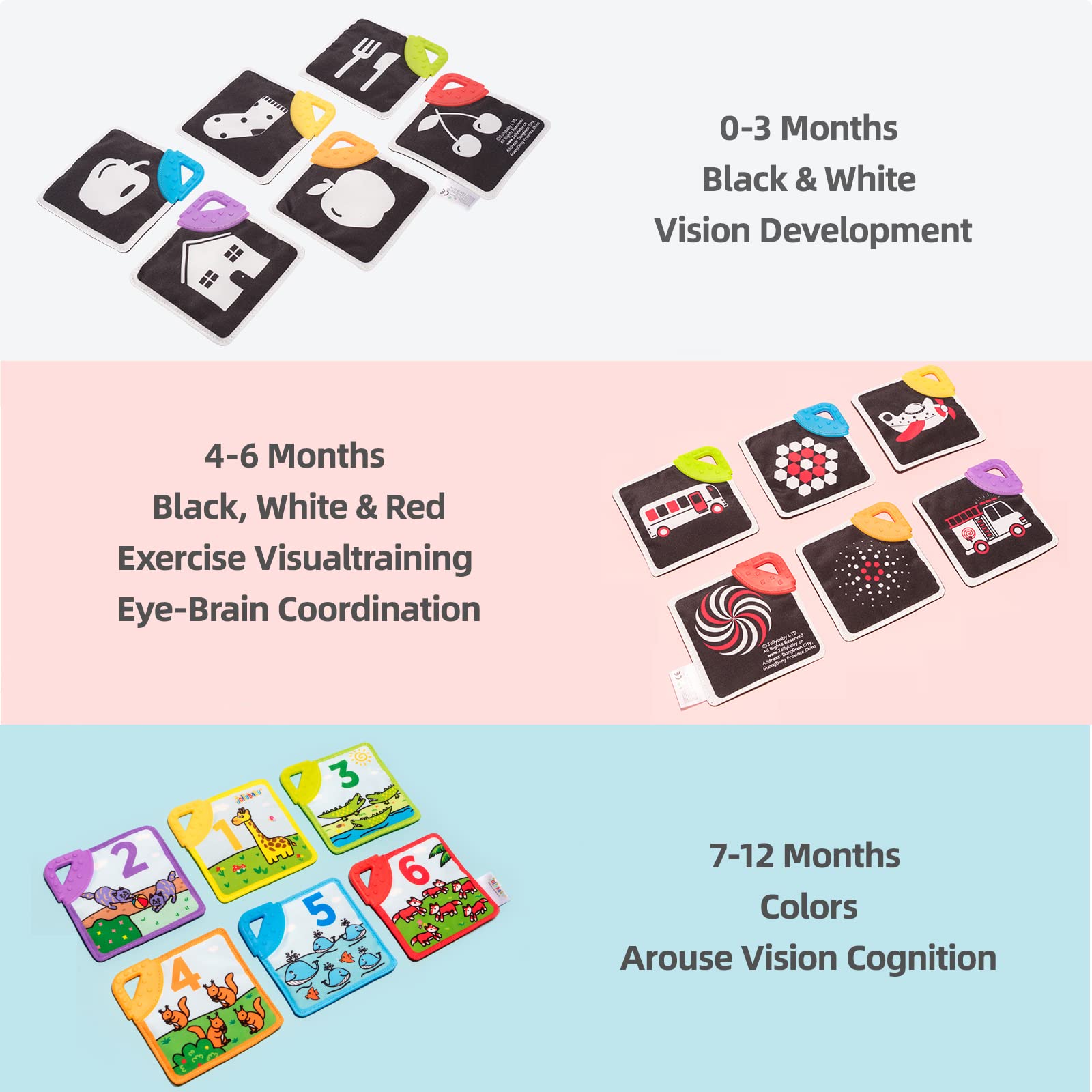 Jollybaby High Contrast Teething Toy Black White Red, Newborn Sensory Soft Teether Crinkle Cloth Flash Cards Detachable, Clip On Infant Toys for Babies 0 3 6 12 Months Visual Development Gift Pack