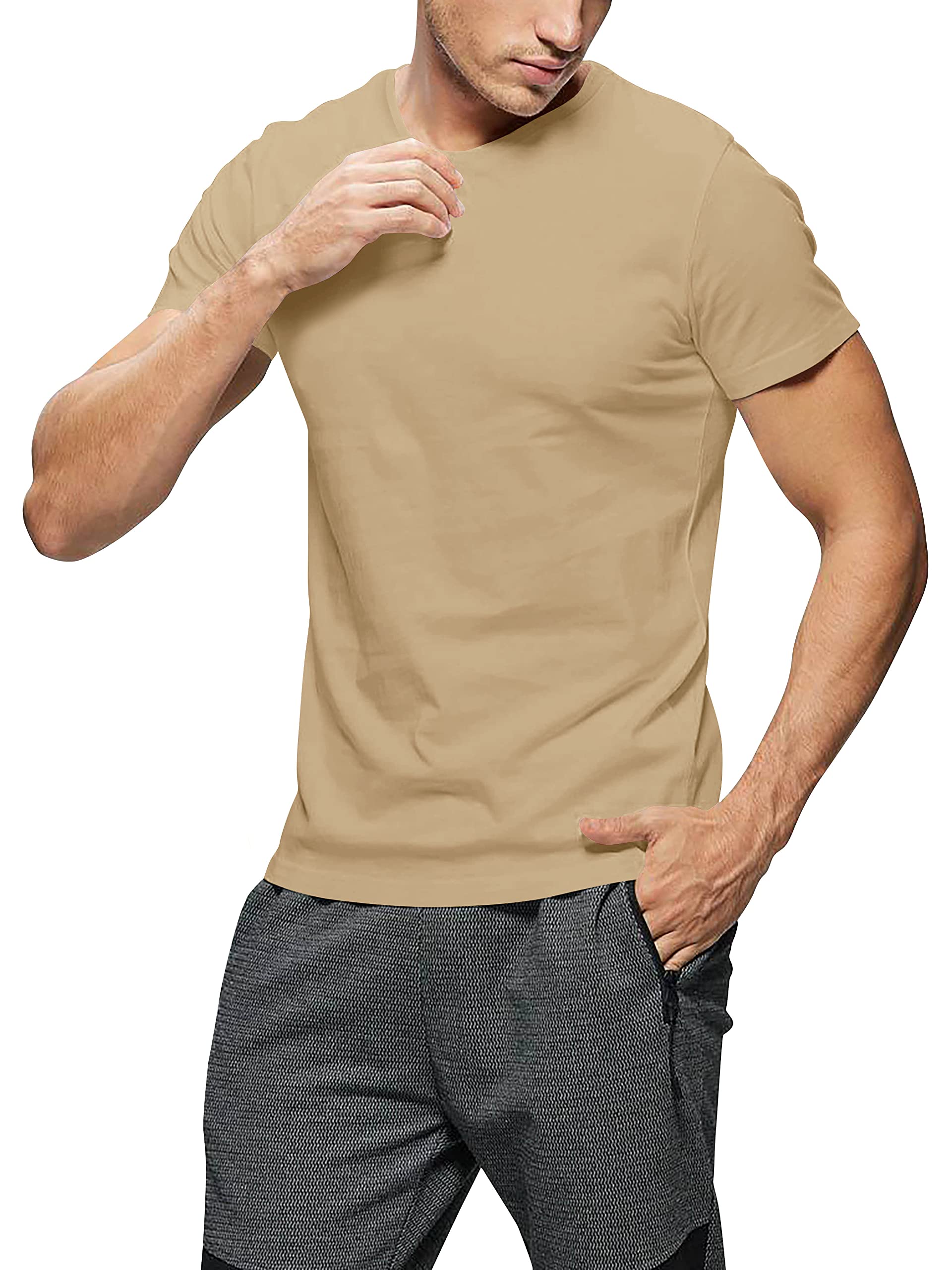 Hat and Beyond Mens Crew Neck T Shirts Solid Short Sleeve Tee (X-Large, 1ks18_Khaki)