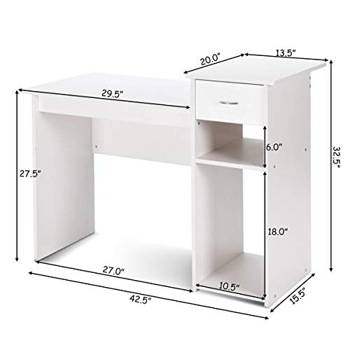 Home Office Bedroom Dorm Living Room Classic Furniture Decor Computer Writing Table Laptop CPU Multifunction Desk with Shelf and Drawer Sturdy White Wood Large Capacity Storage Easy Assembly