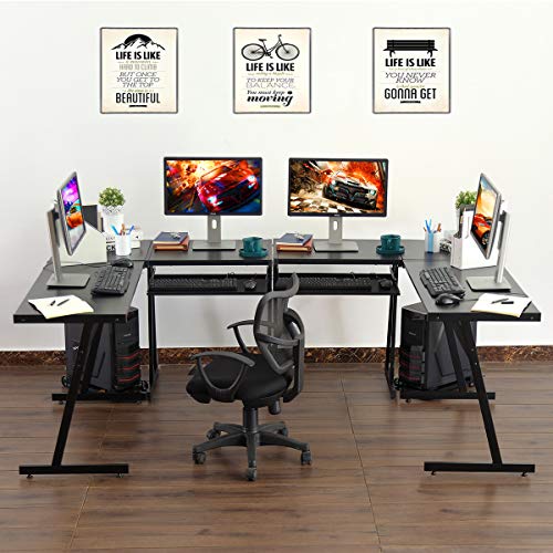 HEEYUE Computer Desk, L-Shaped Large Corner PC Laptop Study Table Workstation Gaming Writing Desk with Keyboard Tray for Home Office - Free CPU Stand - Wood & Metal - Black Wood Grain