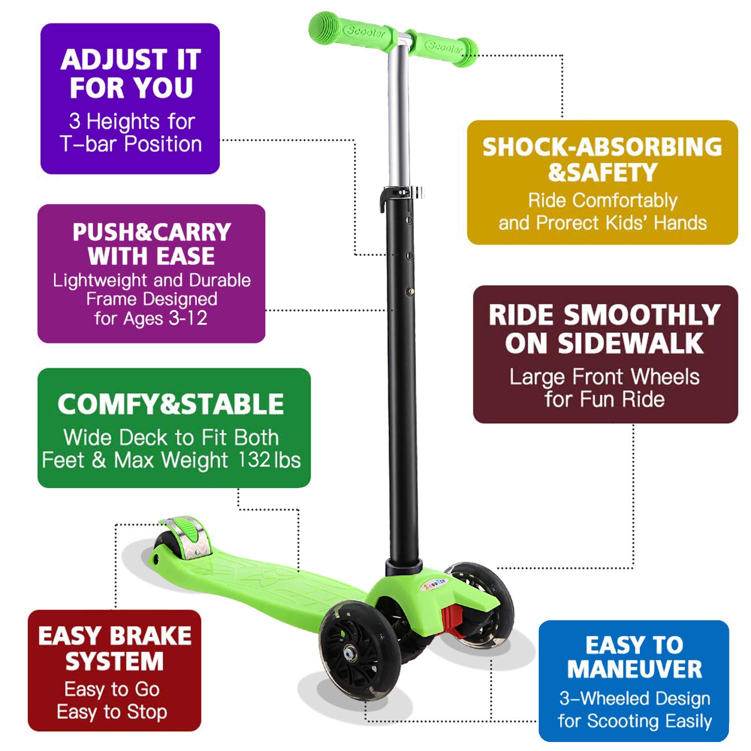 Hikole Scooter for Kids with 3 LED Wheels β Adjustable Height, Lean to Steer Design, 3 Wheels Kick Scooter for Girls & Boys 3-12 Years Old