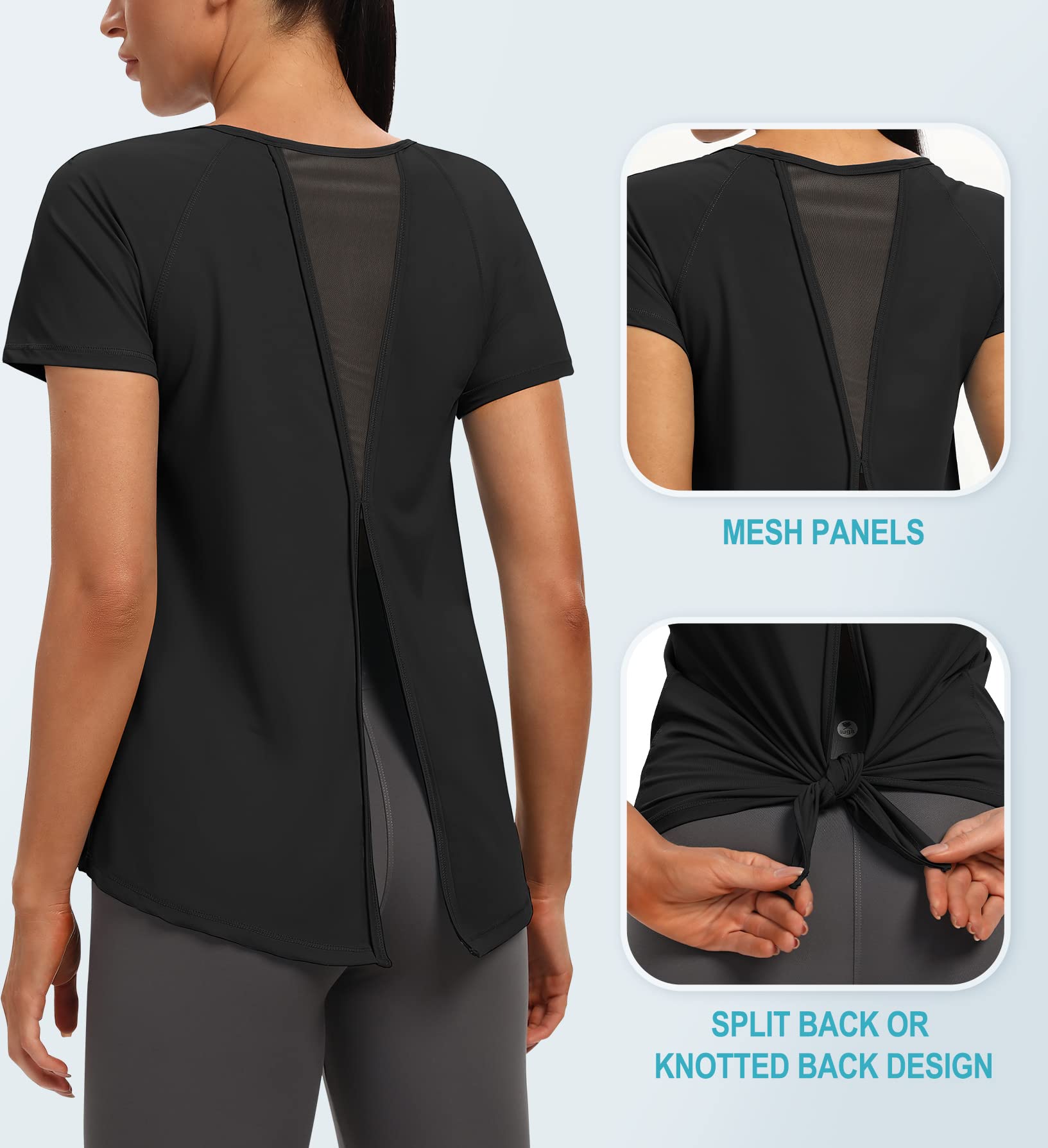 IUGA Open Back Workout Shirts for Women Summer Tops Short Sleeve Athletic Loose Fit Yoga Breathable Clothes Black