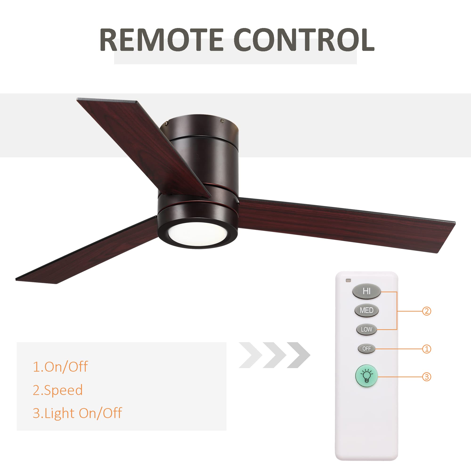HOMCOM 44'' Mount Ceiling Fan with Light, Modern Indoor LED Lighting Fan with 3 Dual Finish Blades, Remote Control, for Bedroom, Living Room, Brown