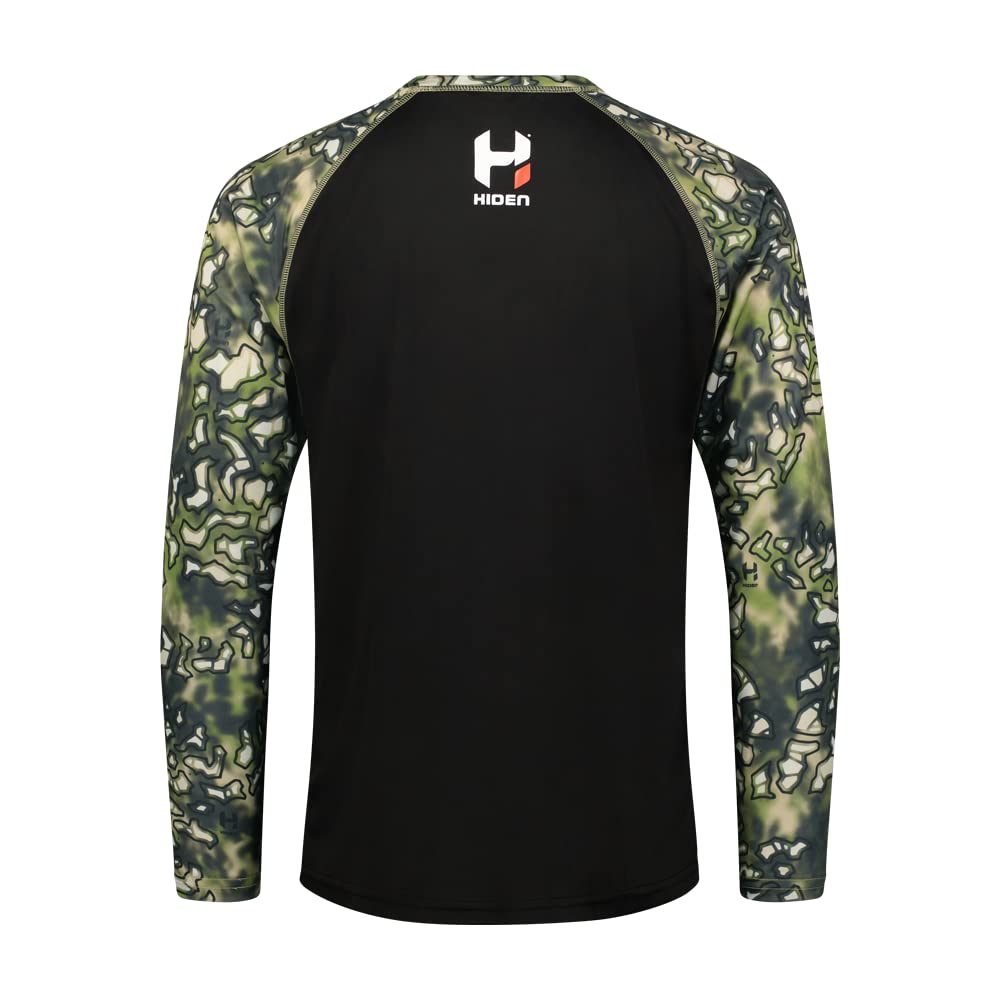 HIDEN Quick Dry Camo Long Sleeve Shirt Men, Black/Backwoods Exile (Forest) Camo