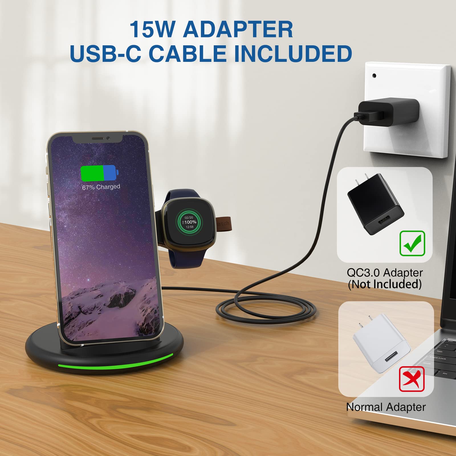 KOJACMUR 3 in 1 Charger for Fitbit Sense/Sense 2/Fitbit Versa 3/Versa 4,Wireless Charging Station Compatible for iPhone 13/14 Pro Max/12/11/8, for Samsung Galaxy S22+ S22, for AirPods Pro/3(Black)