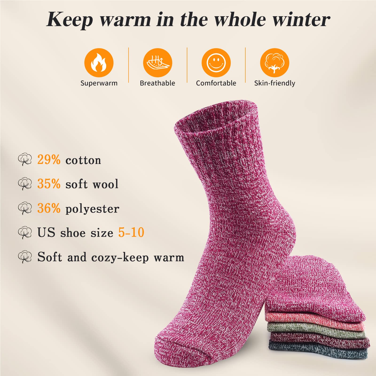 IFEND Warm Socks, 5 Pairs Women Wool Socks for Winter Soft and Thick Knit Cozy Crew Socks Christmas Gift Socks (Multicolor-05)