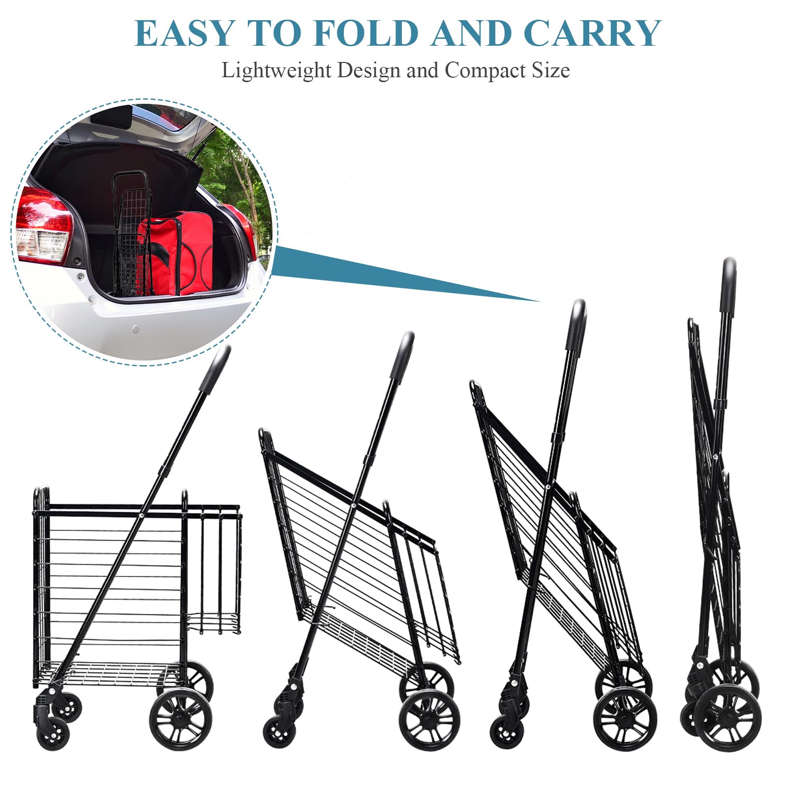 IRONMAX Grocery Shopping Cart, Foldable Heavy Duty Utility Cart w/Adjustable Handle, Extra Basket & 360° Rolling Swivel Wheels, Lightweight Trolley Cart for Grocery Laundry Luggage (Black)
