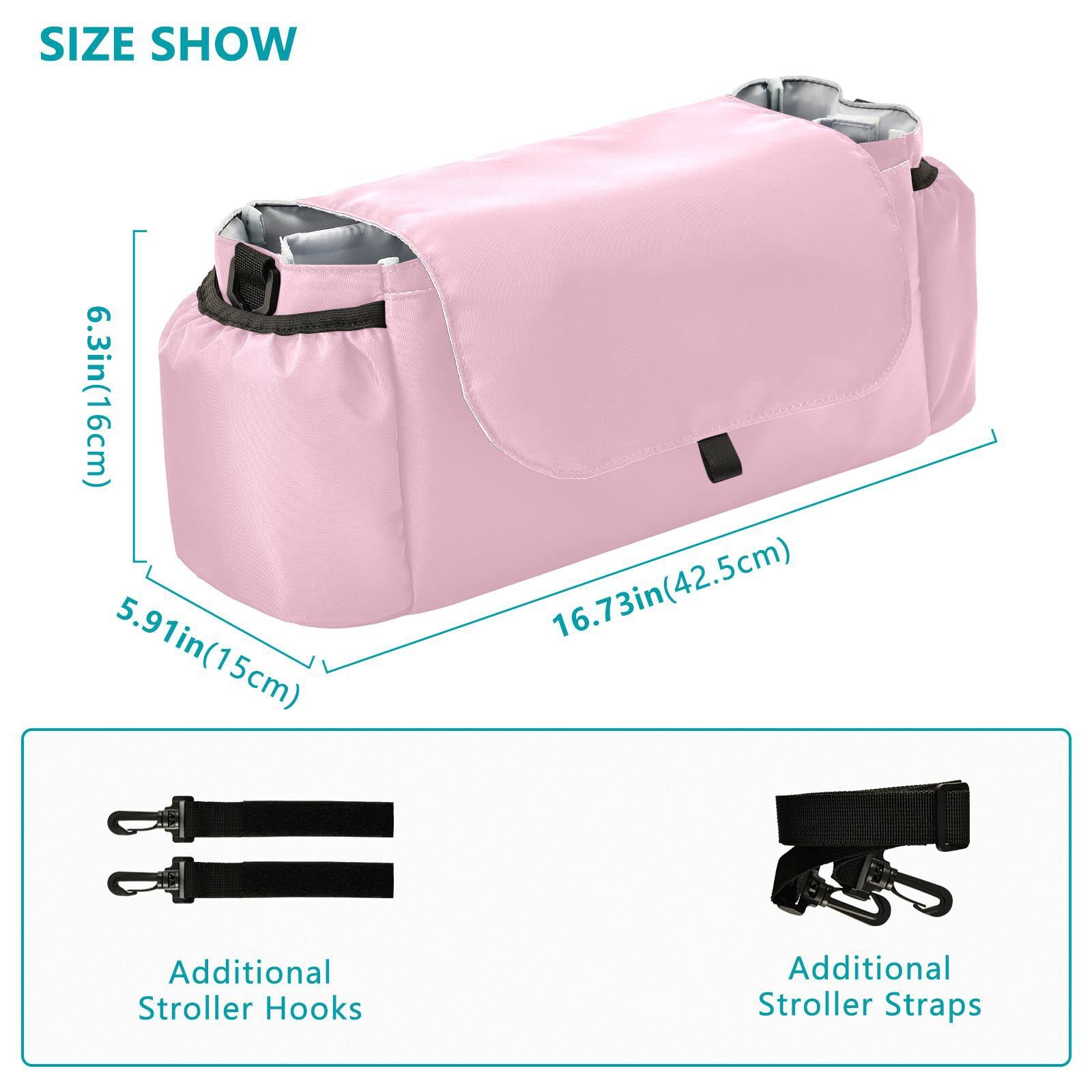 Kigai Azalea Pink Solid Baby Stroller Organizer with Cup Holders, Secure Hooks Accessories Adjustable Strap Stroller Bag for Bottle, Diaper, Phone, Toys, Baby Items