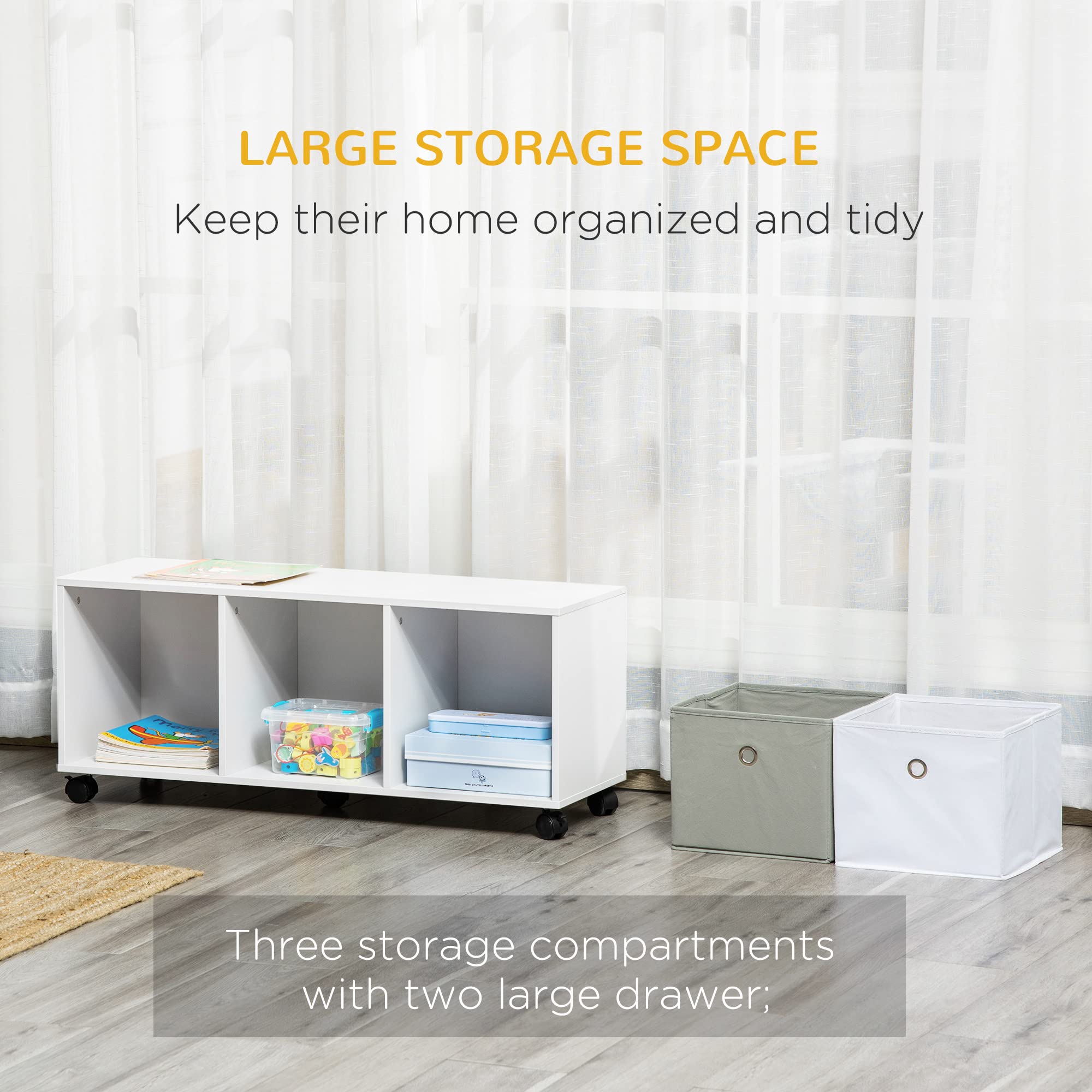 HOMCOM Simple 3 Cube Storage with Wheels, Hidden Pull-Out Toy Bin Kids Cube Storage Unit, Rolling Cubby Storage for Kids Room, Small Toy Storage Organizer Shelves, White