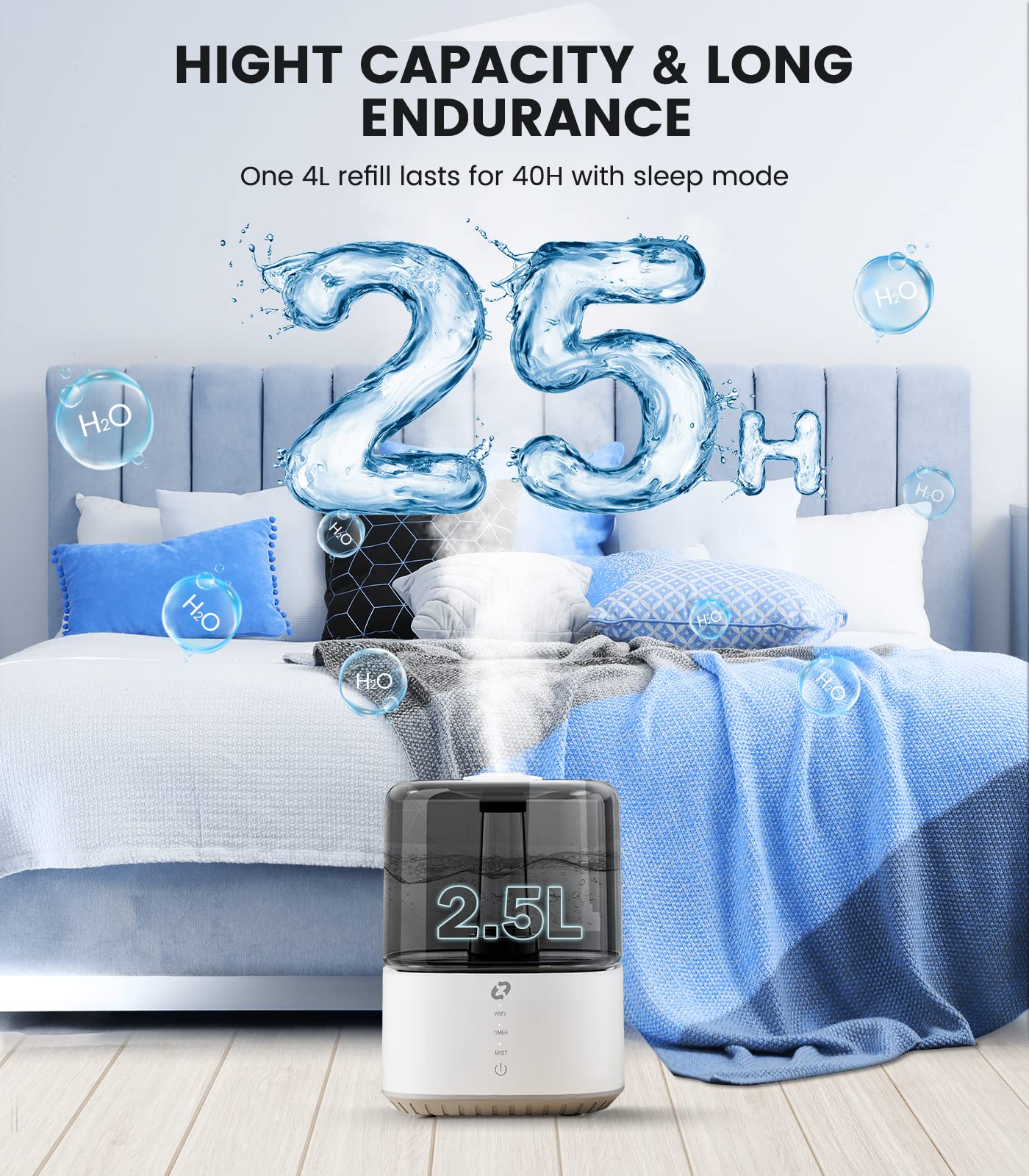 Humidifiers for Bedroom, ZOESURE 2.5L Top Fill Cool Mist Essential Oil Diffuser, Smart Humidifier Work with Alexa Voice Control APP Quiet for Large Room, Plant, Baby gray