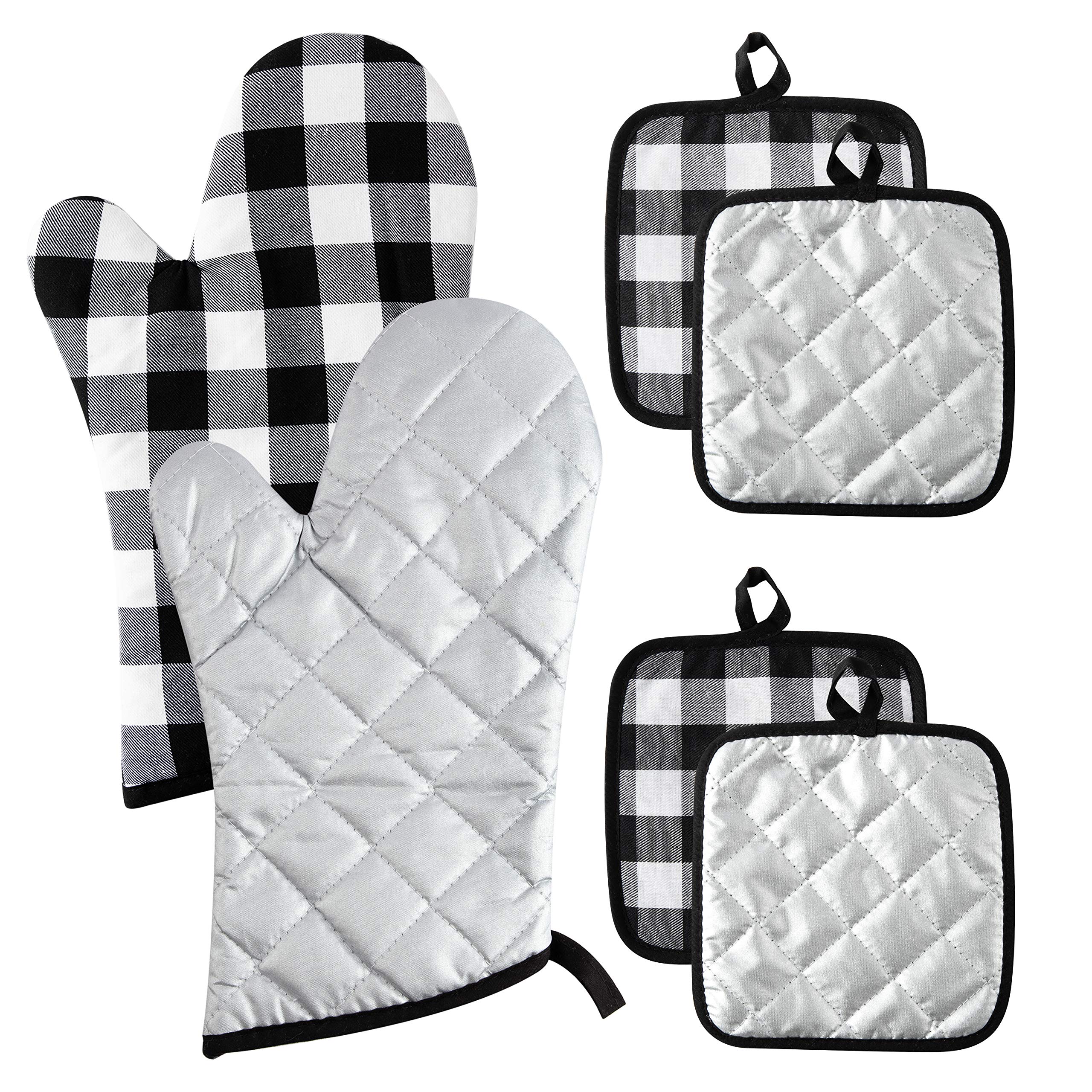 GROBRO7 6Pcs Buffalo Check Plaid Oven Mitts and Pot Holders Set Pure Cotton Heat Resistant Potholders Washable Durable BBQ Gloves with Hanging Loop for Safe Kitchen Baking Cooking Grilling White&Black