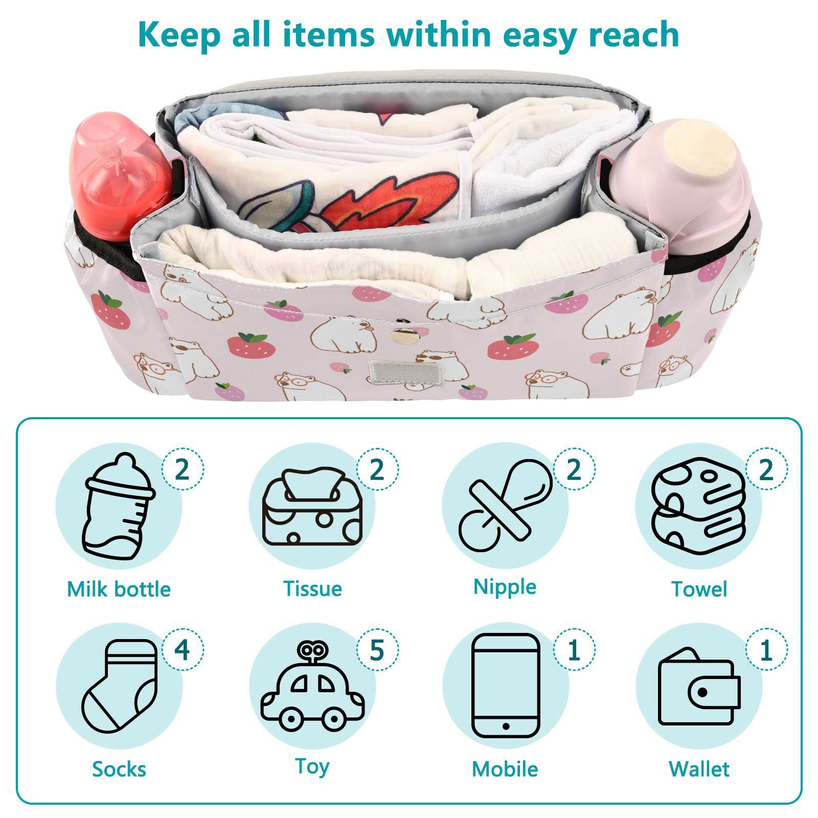 Kigai Cartoon White Bear Baby Stroller Organizer with Cup Holders, Secure Hooks Accessories Adjustable Strap Stroller Bag for Bottle, Diaper, Phone, Toys, Baby Items