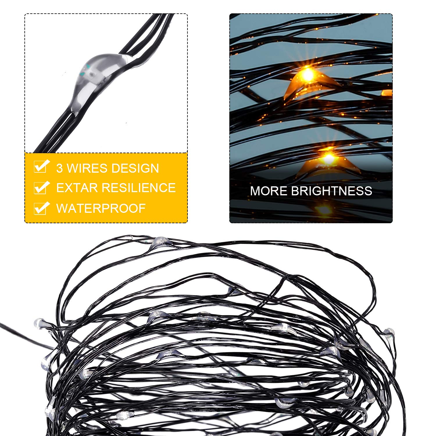 Halloween Yellow Starry Lights,33ft 100 LED Waterproof Silver Wire String Orange Light with USB and 8 Modes Remote Control Time for Halloween Christmas Decor
