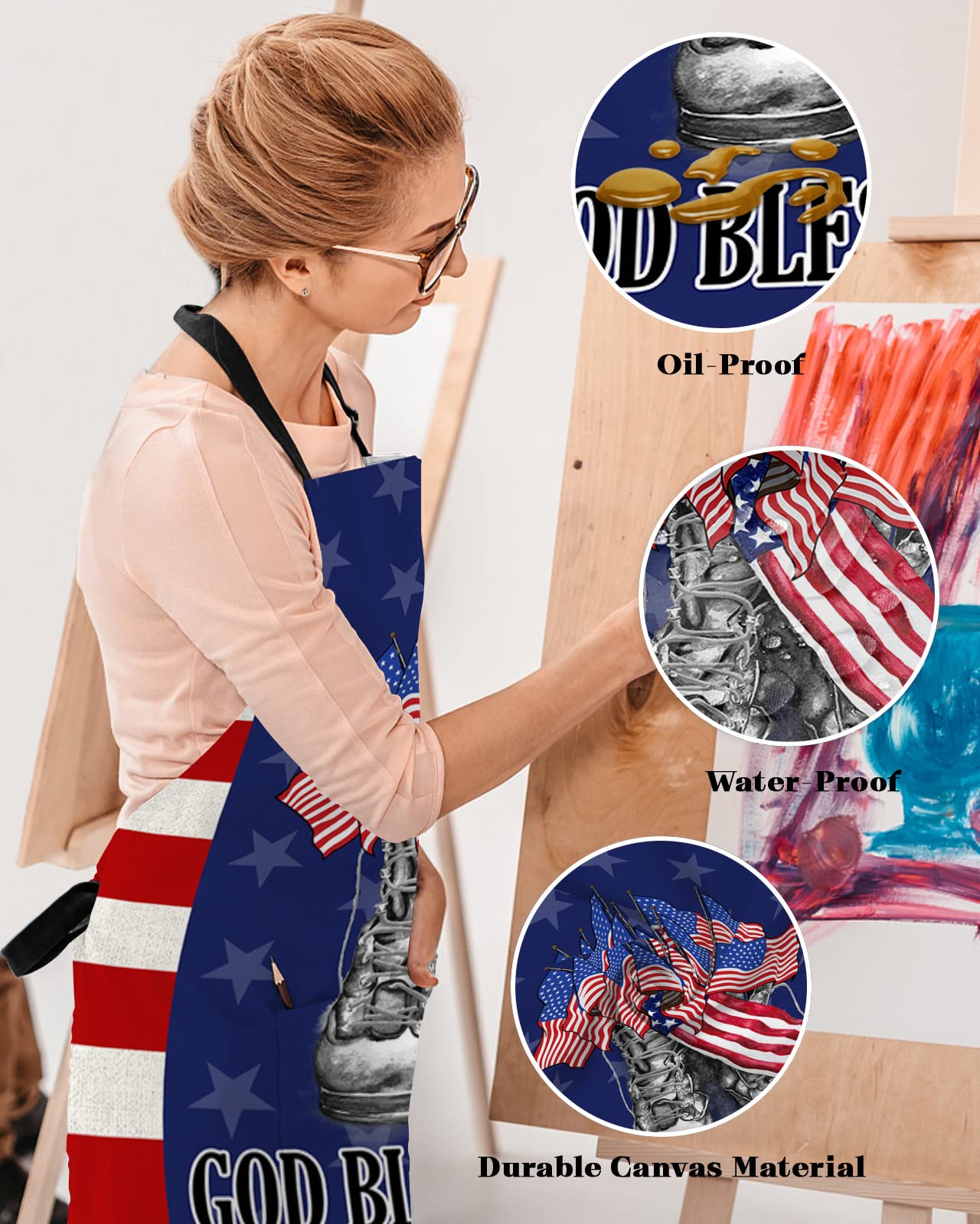 LAMANDA Kitchen Aprons for Women,Memorial Day Free Boots USA Flag Cooking Apron with Pockets Server Aprons Chef Apron for Men