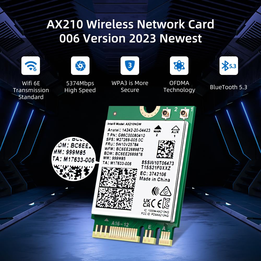 M.2 WiFi Intel AX210 NGW Card with Bluetooth 5.3, WiFi 6E 2X2 MU-MIMO 5400Mbps Wireless Network Module, MIMO WiFi Card 802.11AX with Wpa3 Security Tri-Band for Laptop Windows10/11 64bit