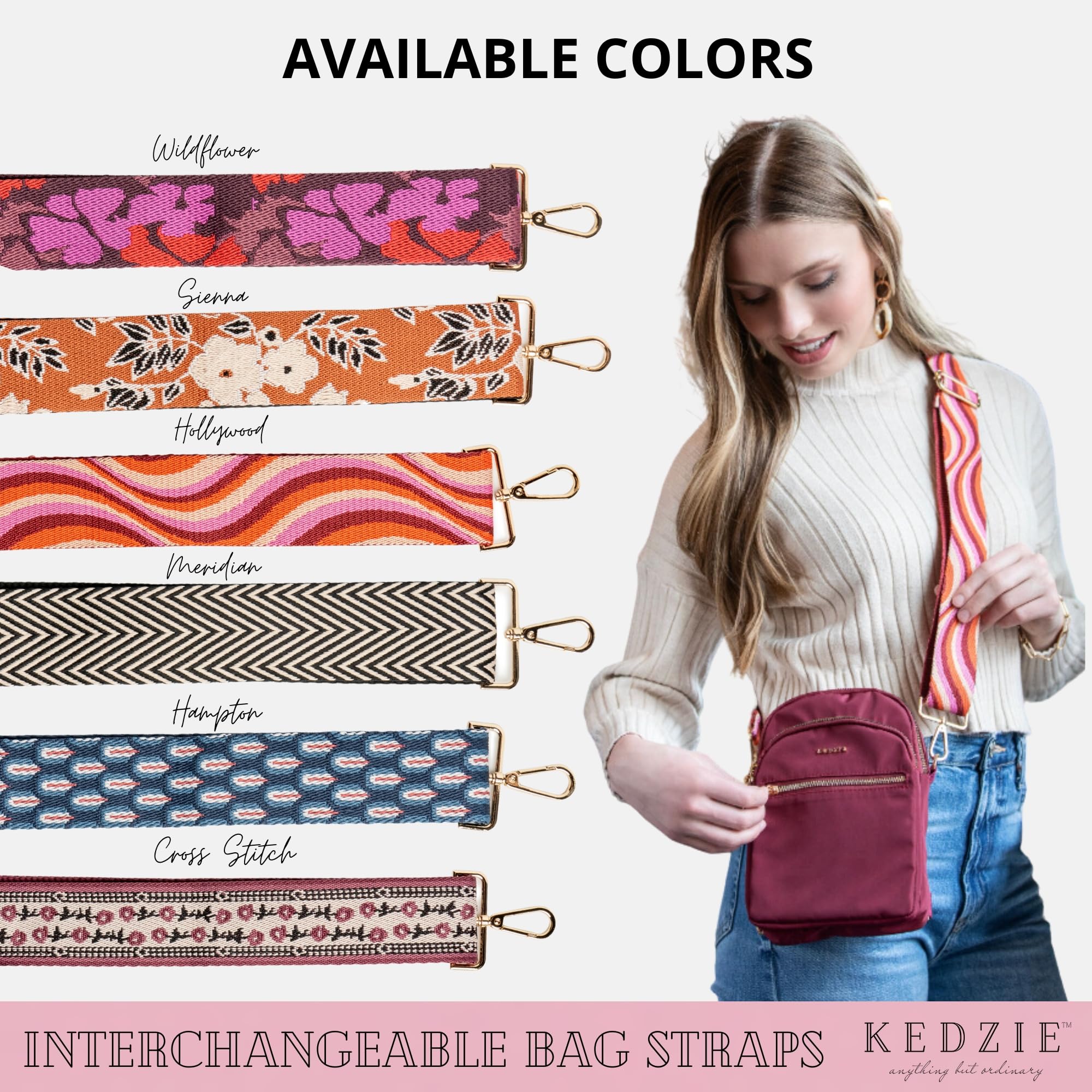 KEDZIE Embroidered Interchangeable Bag Straps Adjustable Length 55” Handbag Purse Strap Replacement 2-inch Wide Guitar Style Crossbody Strap - Rosewood