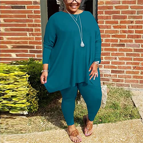 Huasemy Plus Size 2 Piece Outfits for Women, Long Sleeve Solid Tops,Bodycon Pants Casual Suit Sweatsuit Set