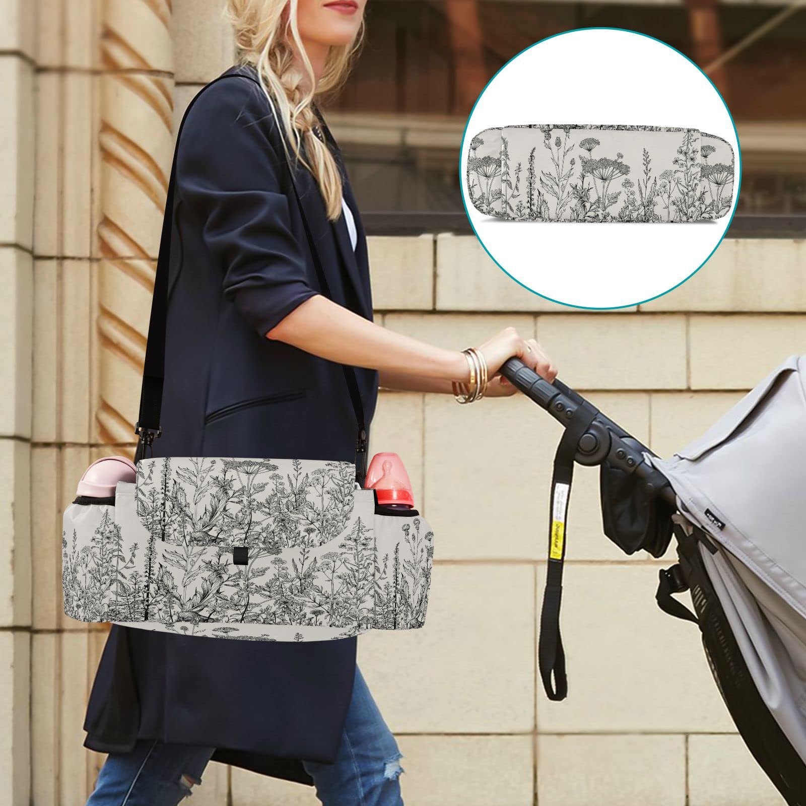 Kigai Herbs Wildflowers Baby Stroller Organizer with Cup Holders, Secure Hooks Accessories Adjustable Strap Stroller Bag for Bottle, Diaper, Phone, Toys, Baby Items