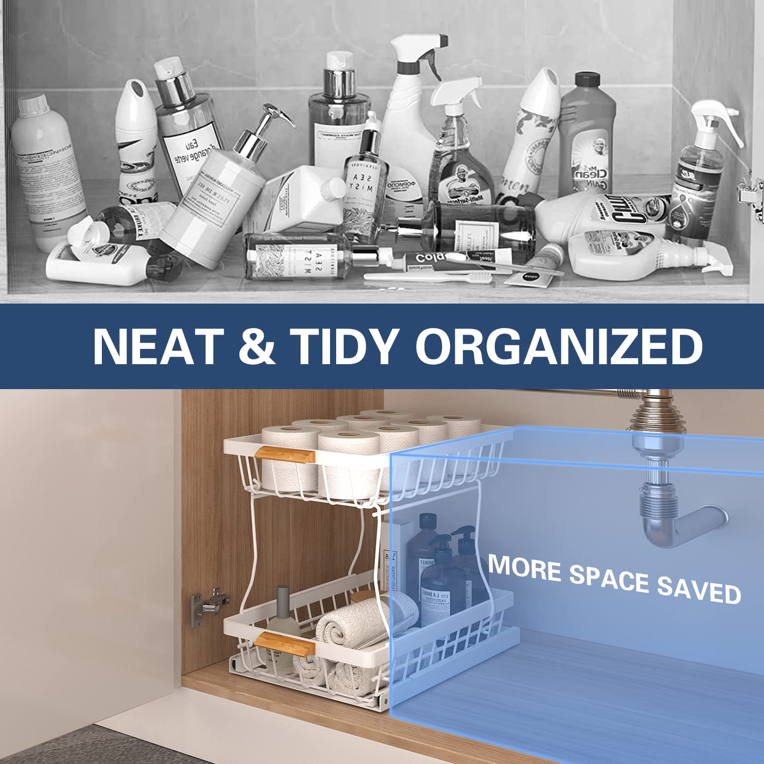 HTOH 2 Tier Under Sink Organizer with Sliding Storage Drawer, Pull Out Cabinet Organizer, Multi-purpose Slide-Out Storgae Basket with Handles for Kitchen, Bathroom
