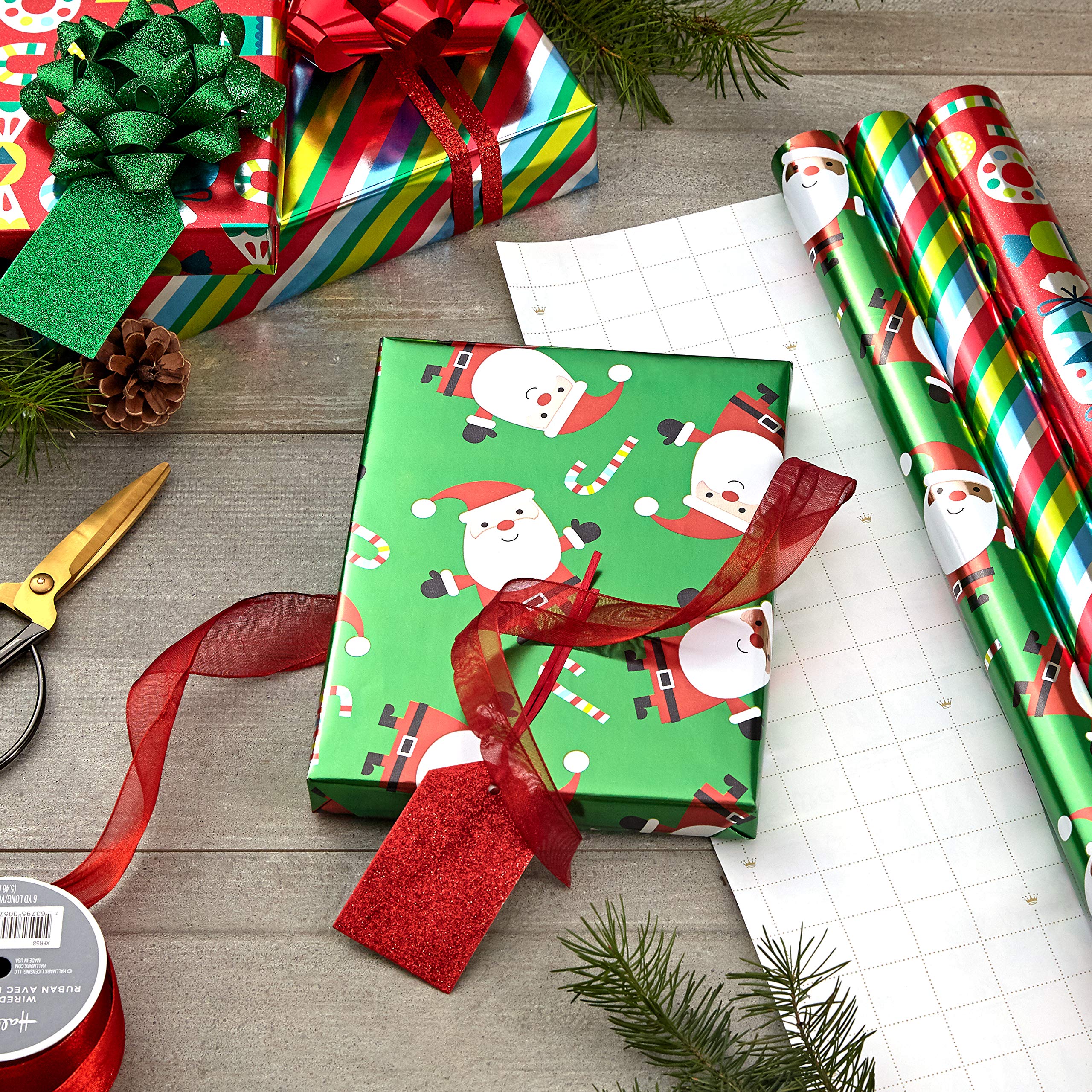Hallmark Foil Christmas Wrapping Paper with Cut Lines on Reverse (3 Rolls: 60 sq. ft. ttl) Cute Santa, Colorful Candy Canes, Blue, Green, Red Stripes
