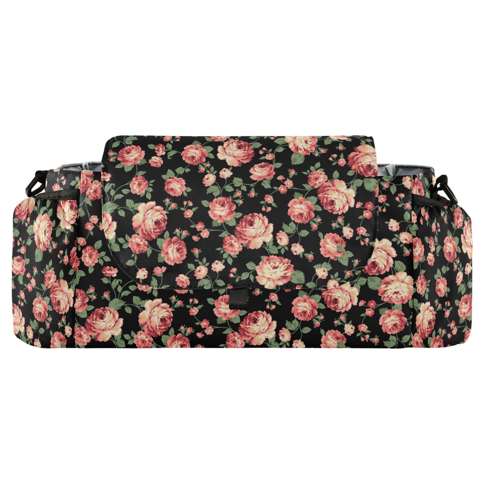 Kigai Roses Baby Stroller Organizer with Cup Holders, Secure Hooks Accessories Adjustable Strap Stroller Bag for Bottle, Diaper, Phone, Toys, Baby Items