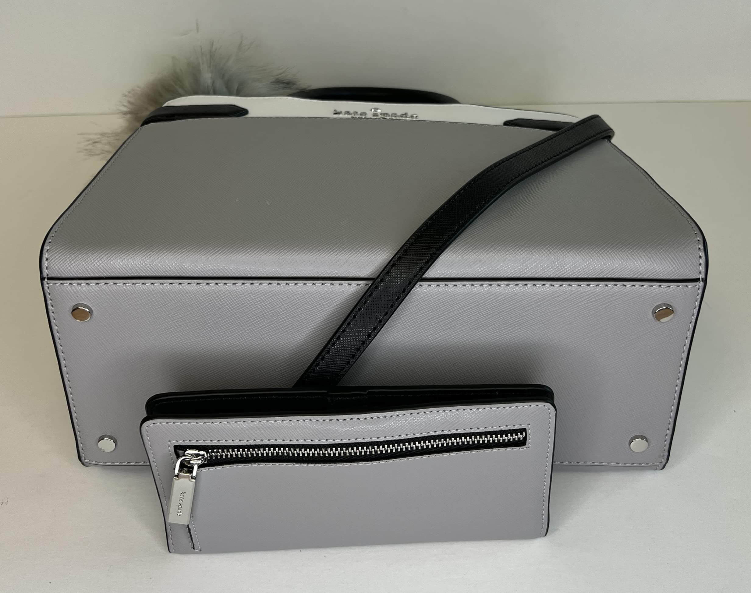 Kate Spade MD Satchel bundled with Bifold Wallet & Fur Pom (Nimbus Grey Colorblock)