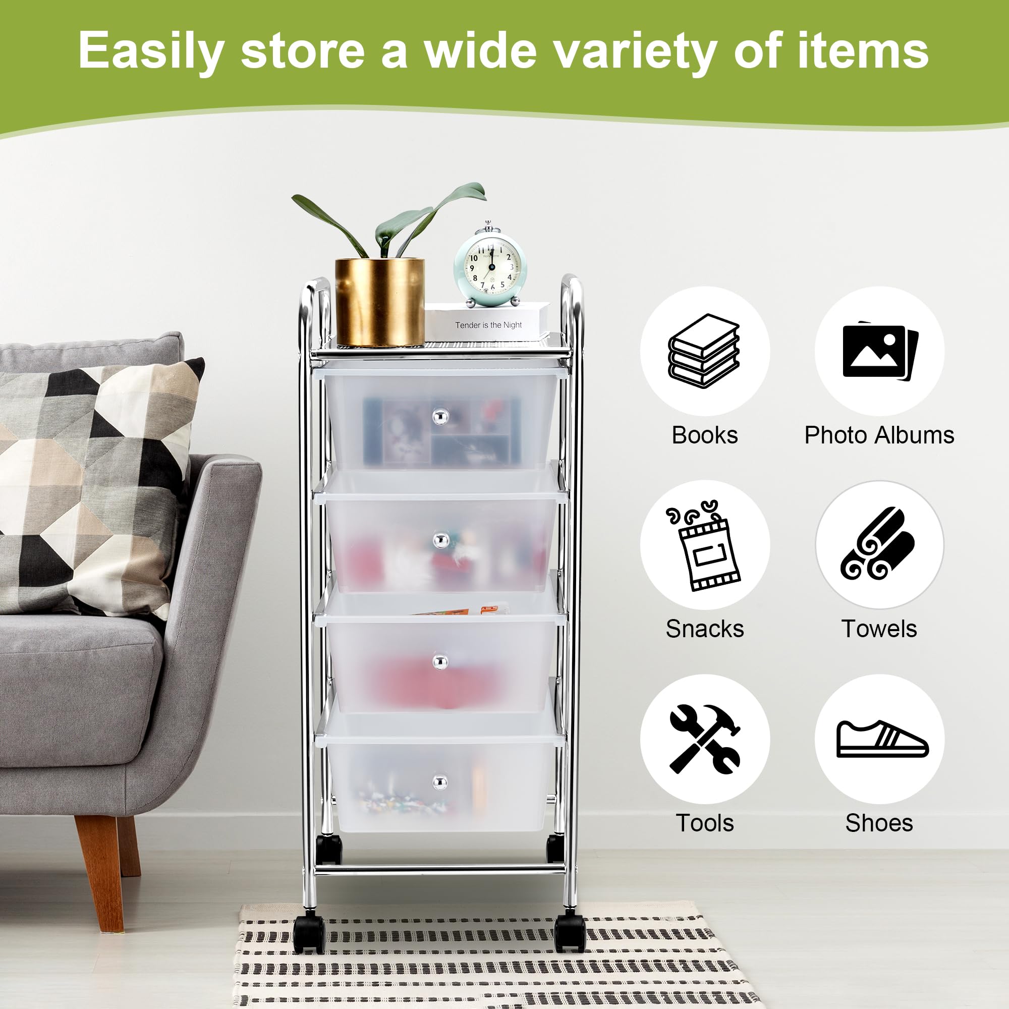 Homgava Rolling Storage Cart and Organizer with 12 Plastic Drawers-4 Lockable Casters for School Office Home Beauty Salon(Black