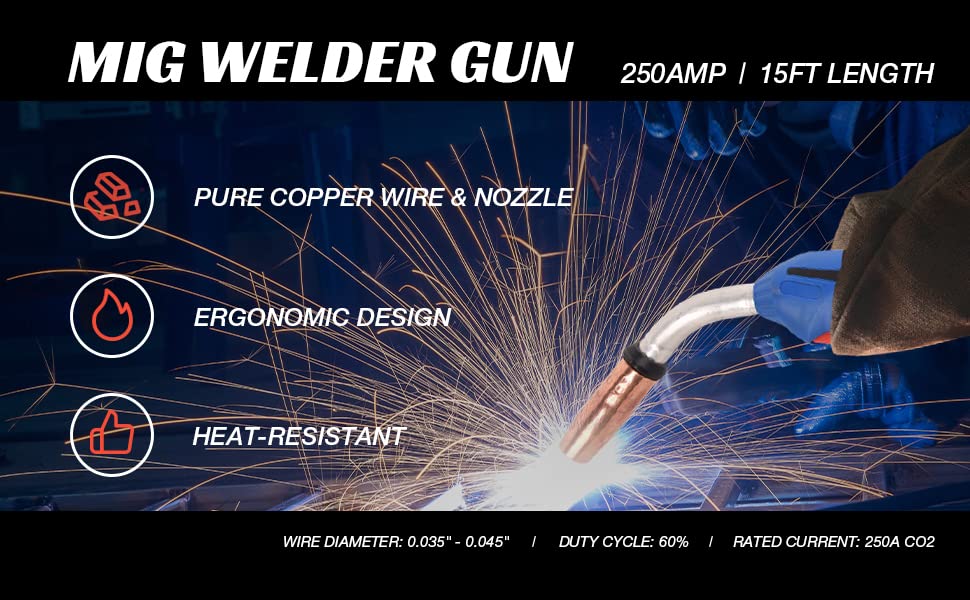 LFGUD MIG Welding Gun, 250Amp 15ft Welding Torch Stinger Mig Gun Replacement for Miller Welder M-25 169598, 0.035" - 0.045" Wire