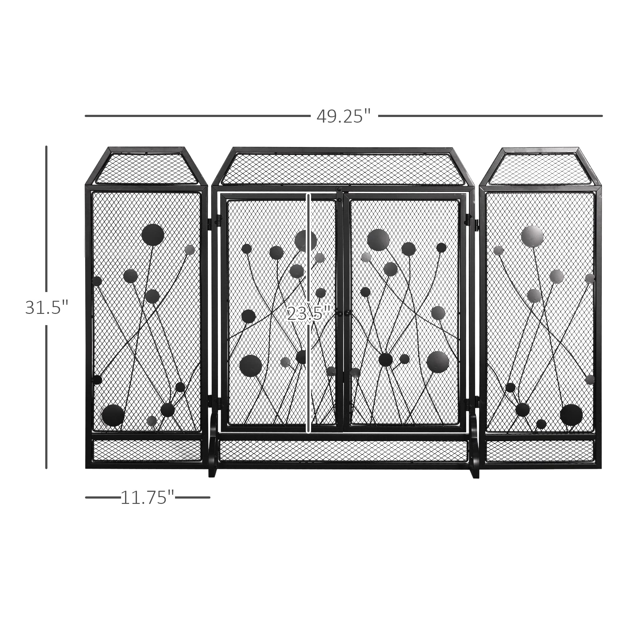 HOMCOM 3-Panel Metal Fireplace Mesh Screen Home Folded Steel Spark Protection with Magnetic Doors 49.25" x 31.5", Black