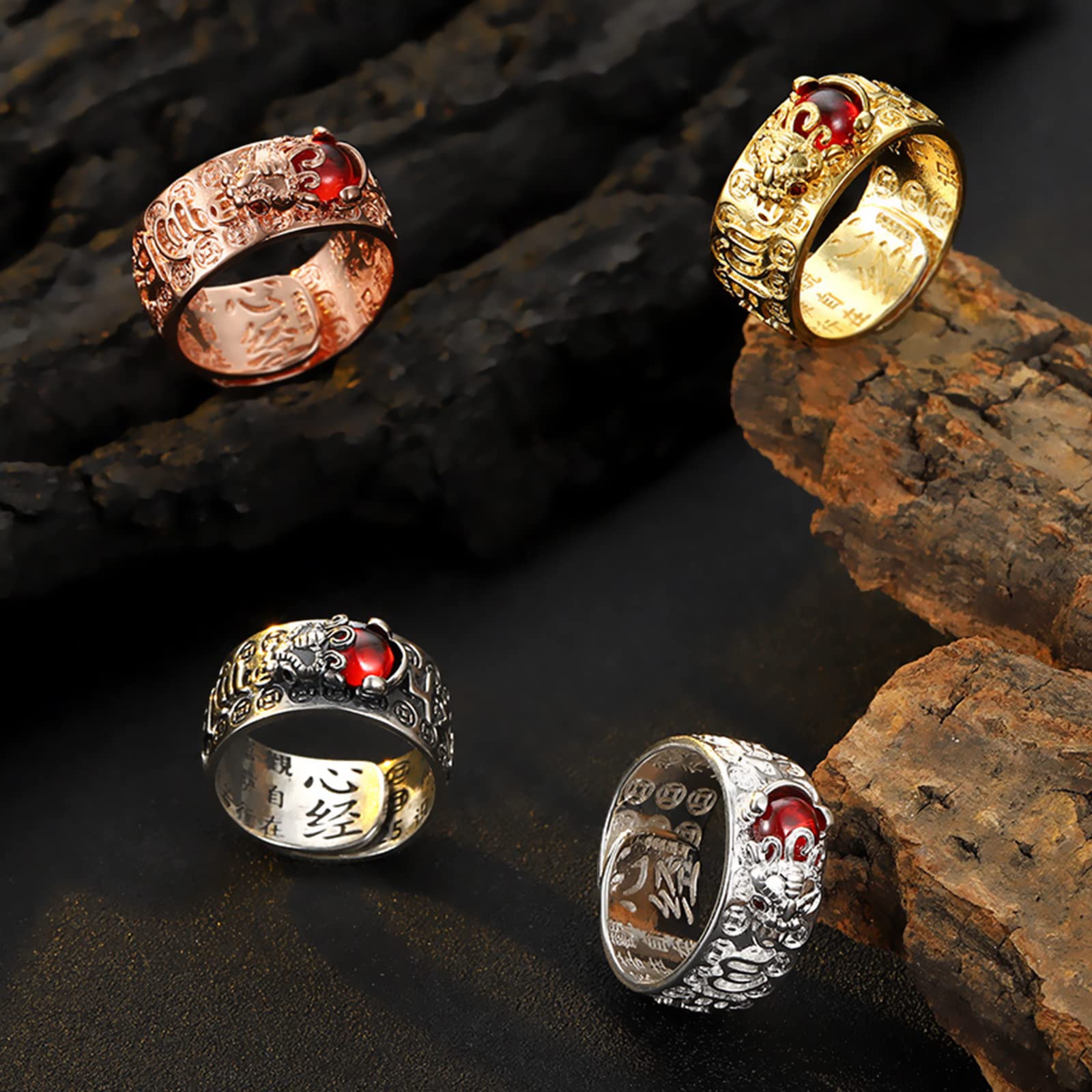 HJ HUAJ Mantra Ring Feng Shui PiXiu MANI Mantra Protection Wealth Ring Adjustable Ring, RoseGold