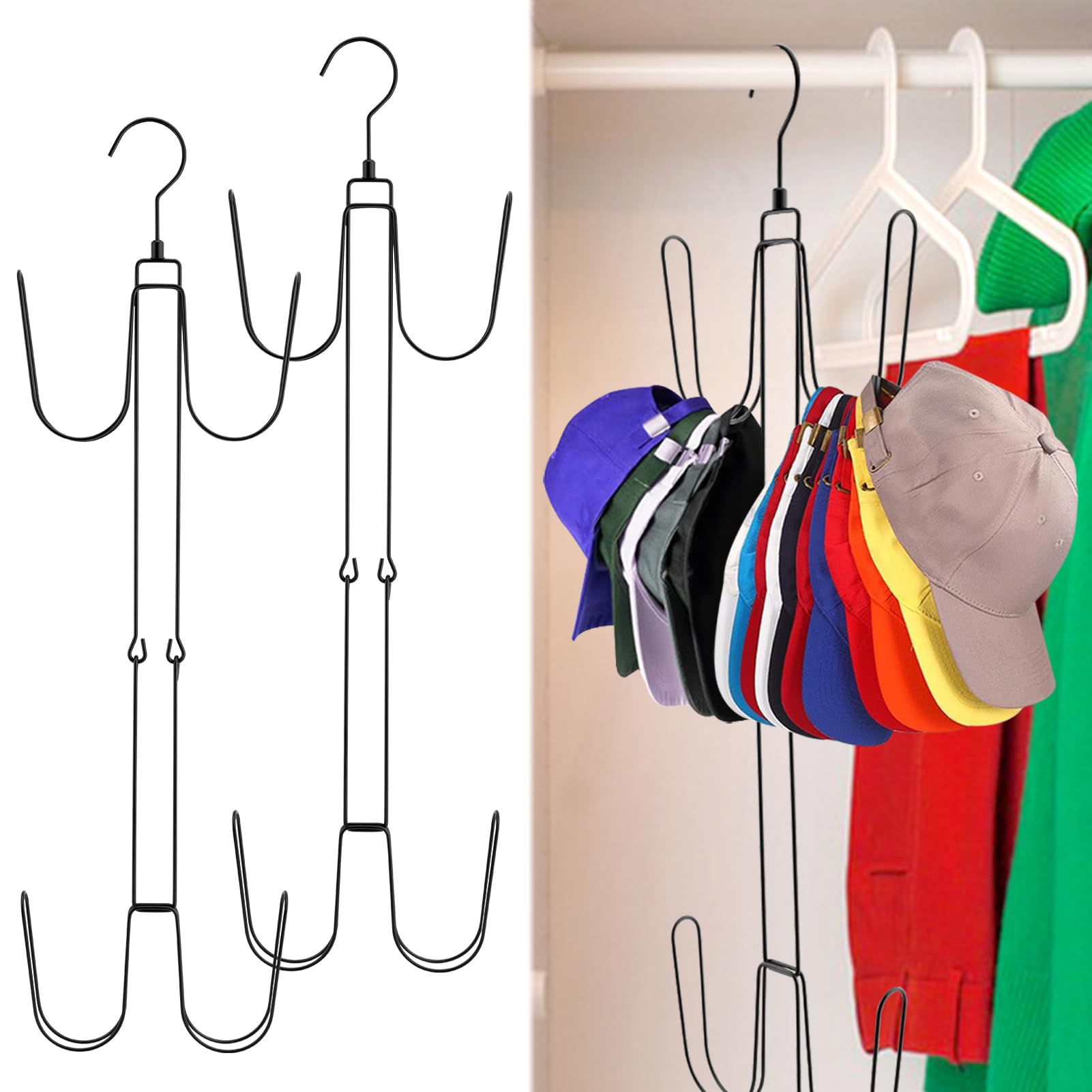 NINEFOX 2 Pack Hat Hanger, Hat Organizer for Baseball Caps, Stainless Steel Hat Rack for Hang, Cap Organizer, Hat Holder Storage for Bedroom, Closet Display