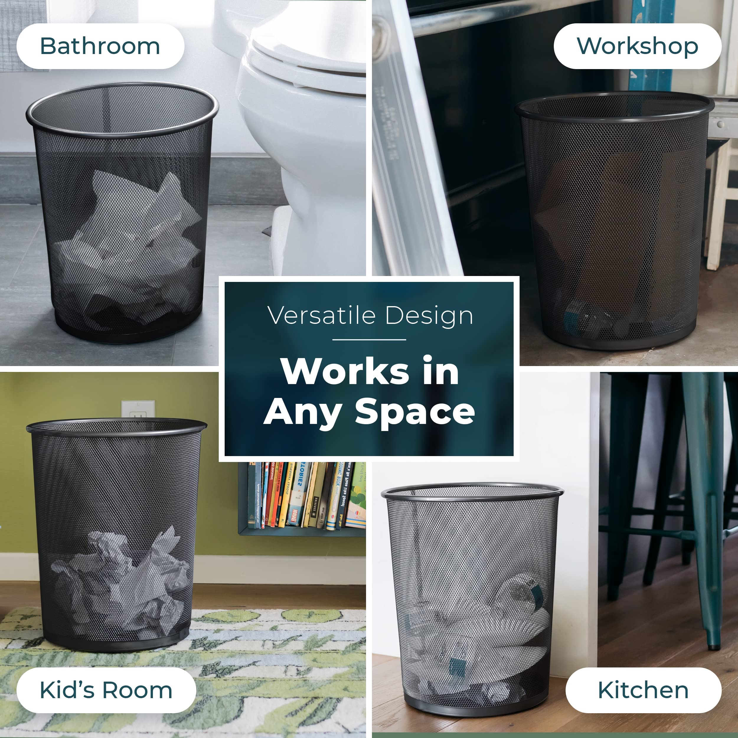 Greenco Small Round 6 Gallon Black Mesh Trash Cans for Home or Office, Set of 2