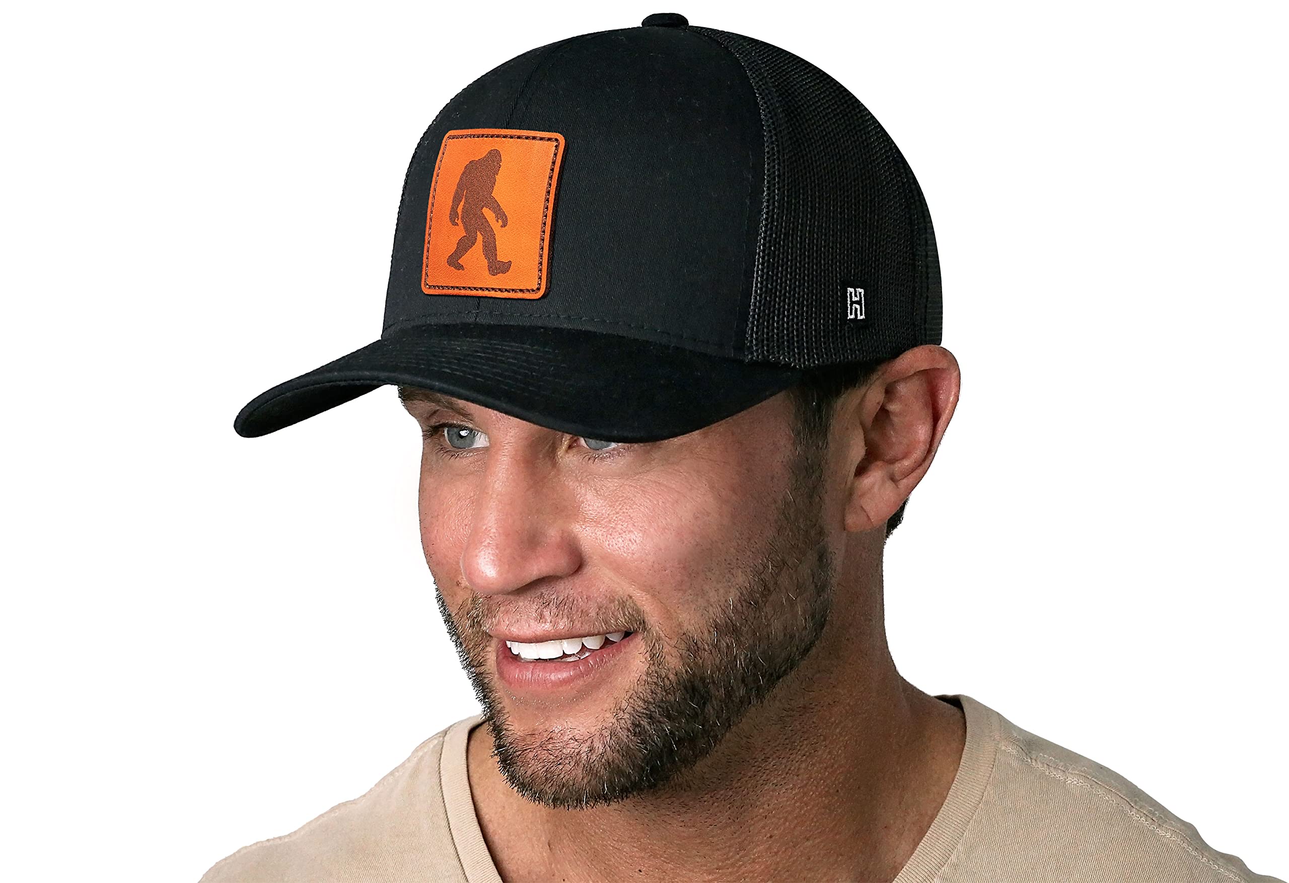 HAKA Bigfoot Hat Camping Hat β Mesh Outdoors Trucker Hat for Men & Women, Adjustable Snapback Baseball Cap, Golf Hat - Leather Black