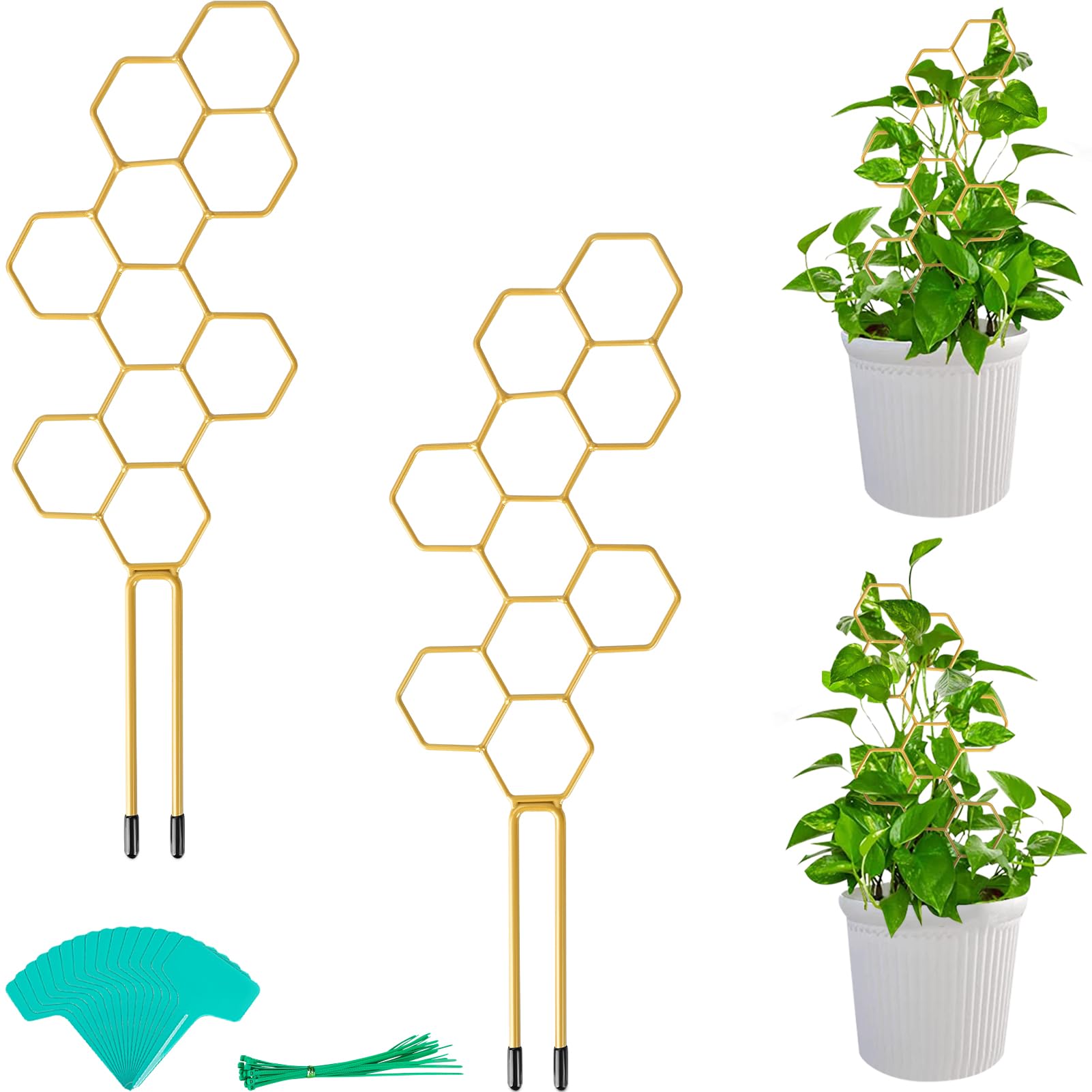 GROWNEER 2 Pcs 14" Small Plant Trellis for Climbing Plant, Honeycomb Metal Potted Trellis with 20 Pcs Cable Ties, 15 Pcs Plant Labels, Plant Support for Flower Stem Vines, Golden