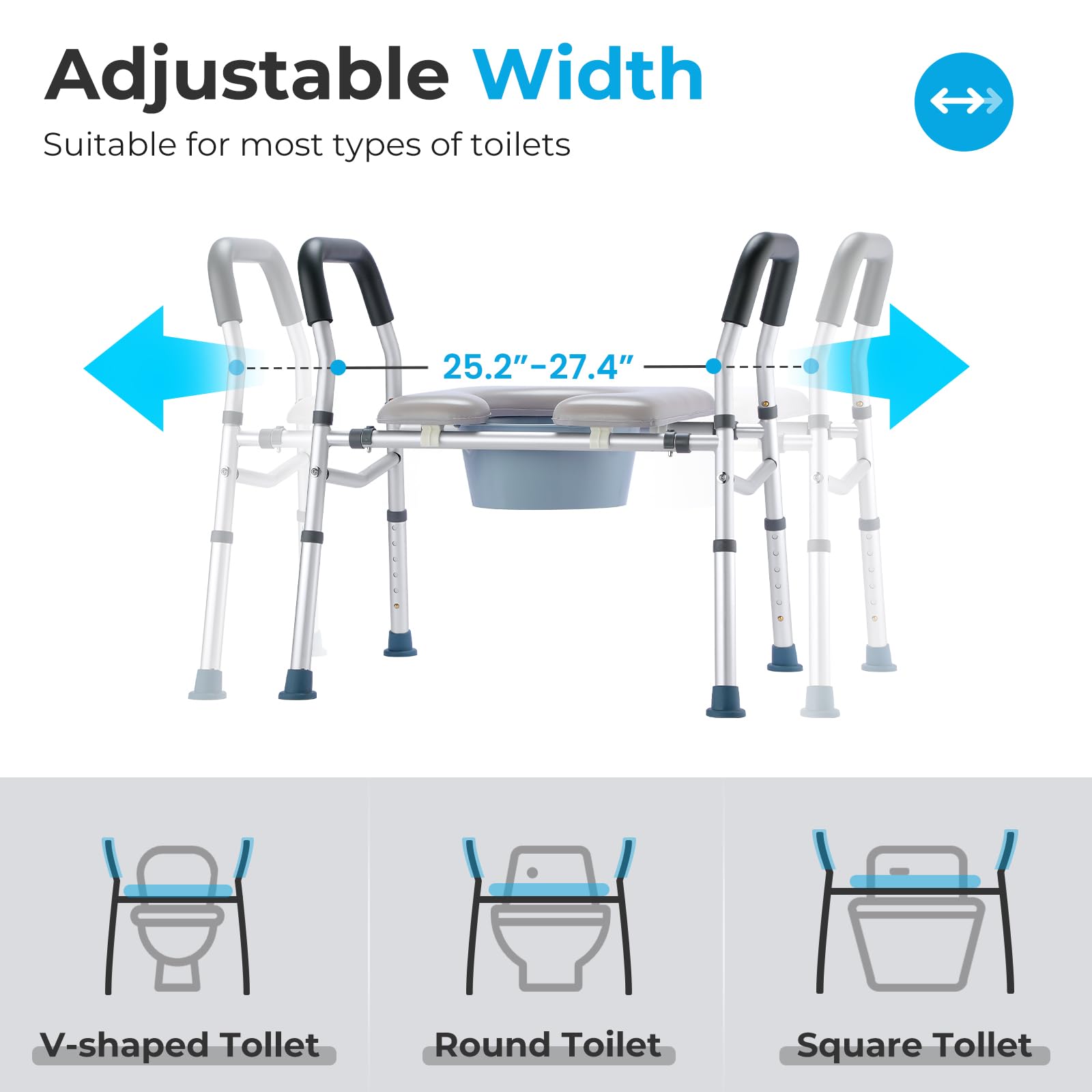 HEAO 3-in-1 Raised Toilet Seat, Adjustable Width/Height, Padded Seat with Splash Guard, Toilet Safety Frame, Shower Chair for Seniors, Handicap,Pregnant, 300 lbs