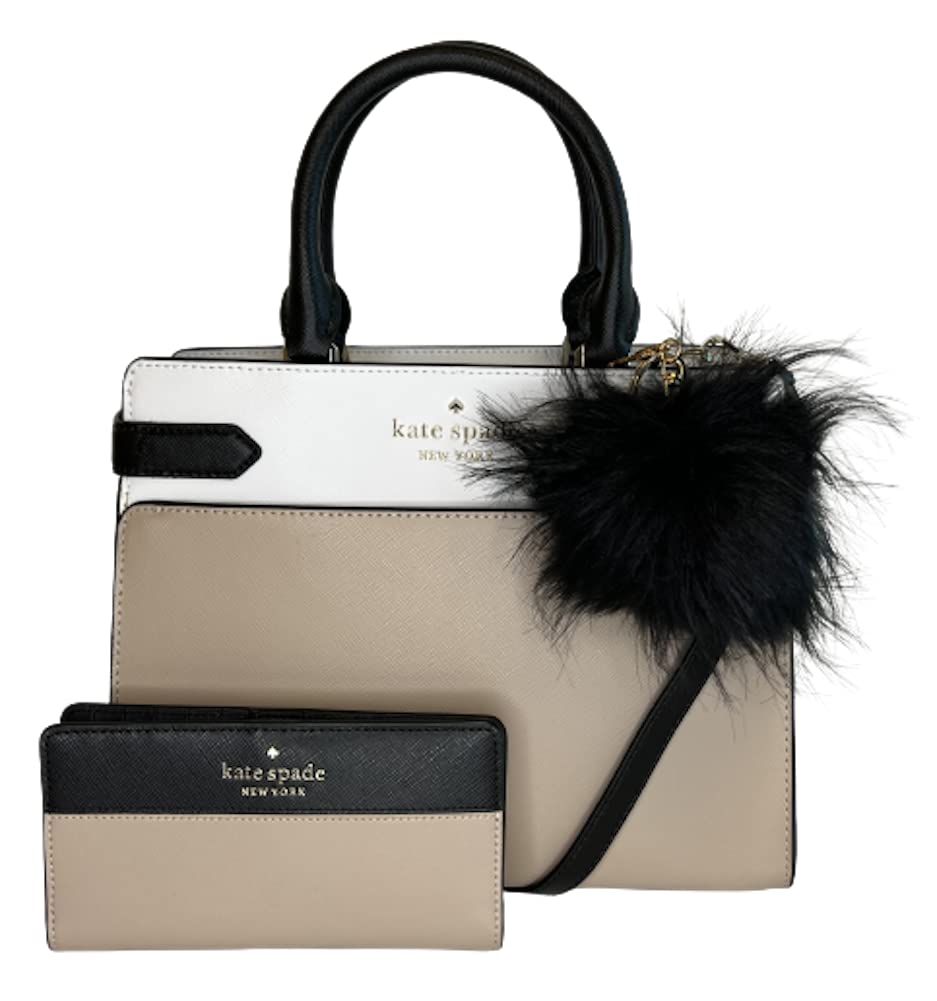 Kate Spade New York Staci MD Satchel bundled with matching Slim Bifold Wallet and Fur Pom (Warm Beige)