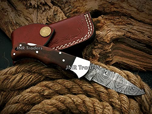 JNR TRADERS Damascus Pocket Knife with Sheath, Folding Knife, Handmade Small Folding Pocket Knife with Sheath, Wood Handle 2397