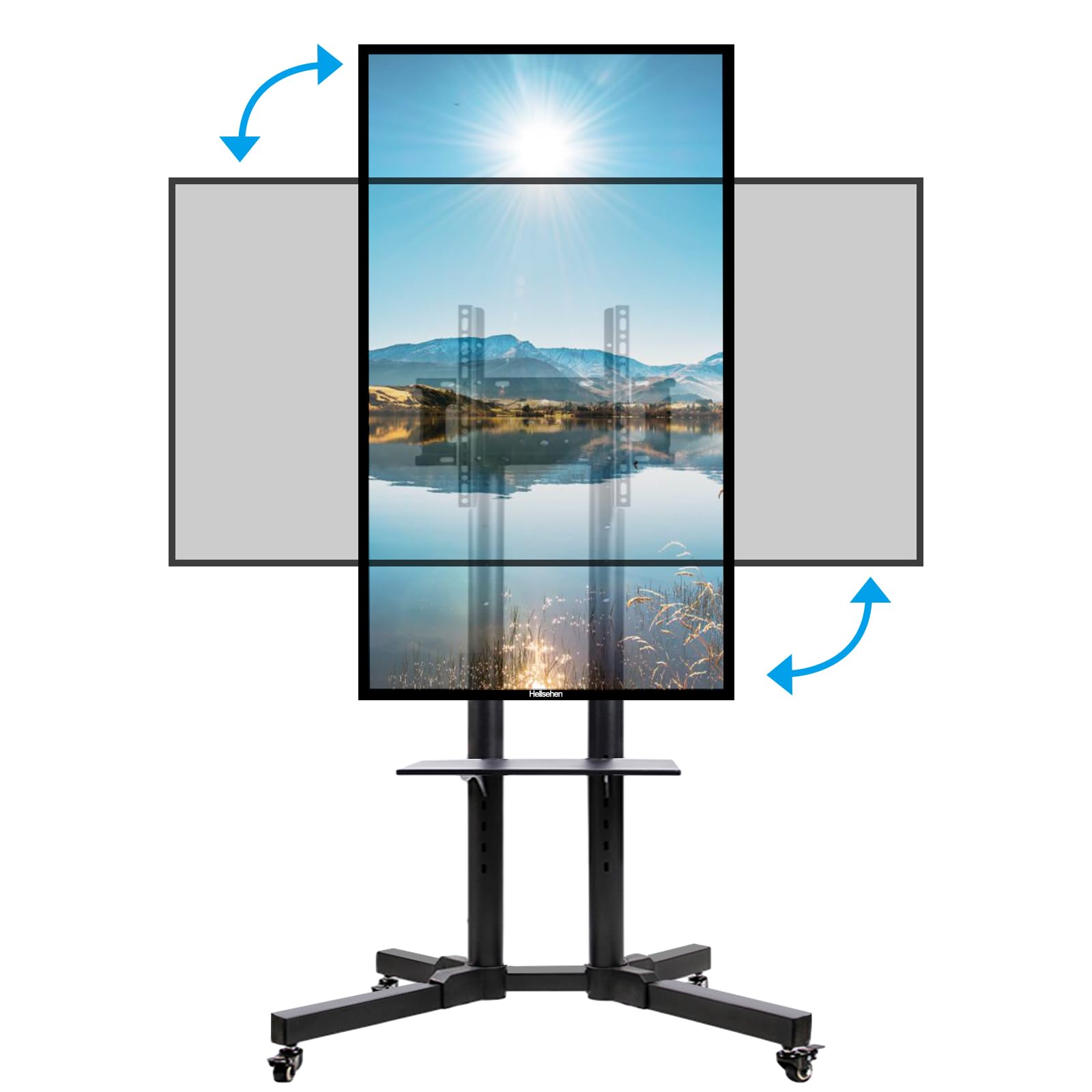 Hellsehen Rotating Mobile TV Cart Holds up to 110lbs,Rolling TVs Stand for 32-60 Inch, Portrait to Landscape, Heavy-Duty Floor Stand Base for Live Stream Video Conferencing Tiktok YouTube Zoom