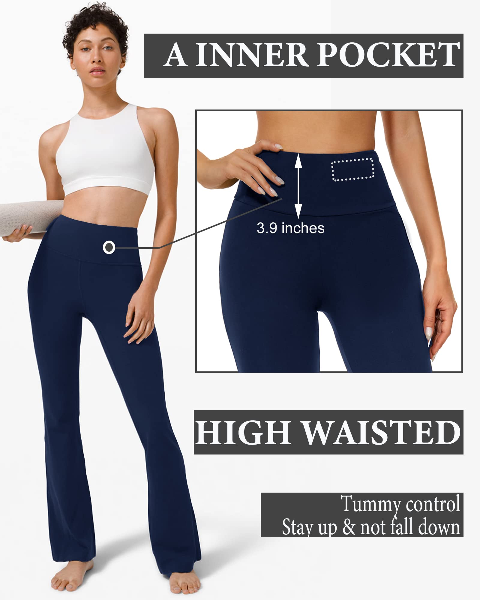 HIGHDAYS Women's Bootcut Yoga Pants with Inner Pocket,High Waist Tummy Control Flare Leggings for Workout Navy Blue