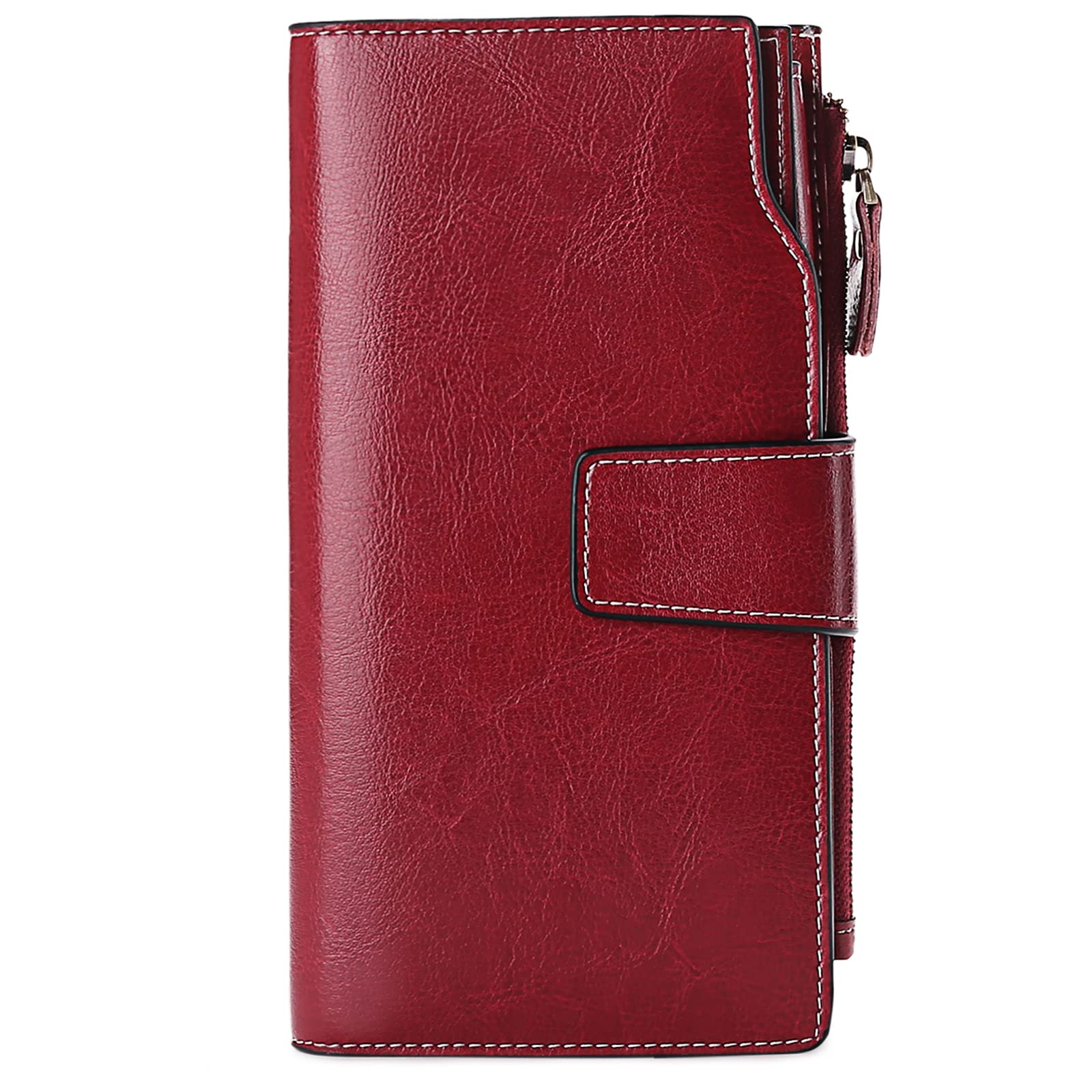 KELEEL Women Wallet RFID Blocking Large Capacity Genuine Leather Purse with ID Window Card Holder Organizer Zipper Pocket Clutch (Wine Red)