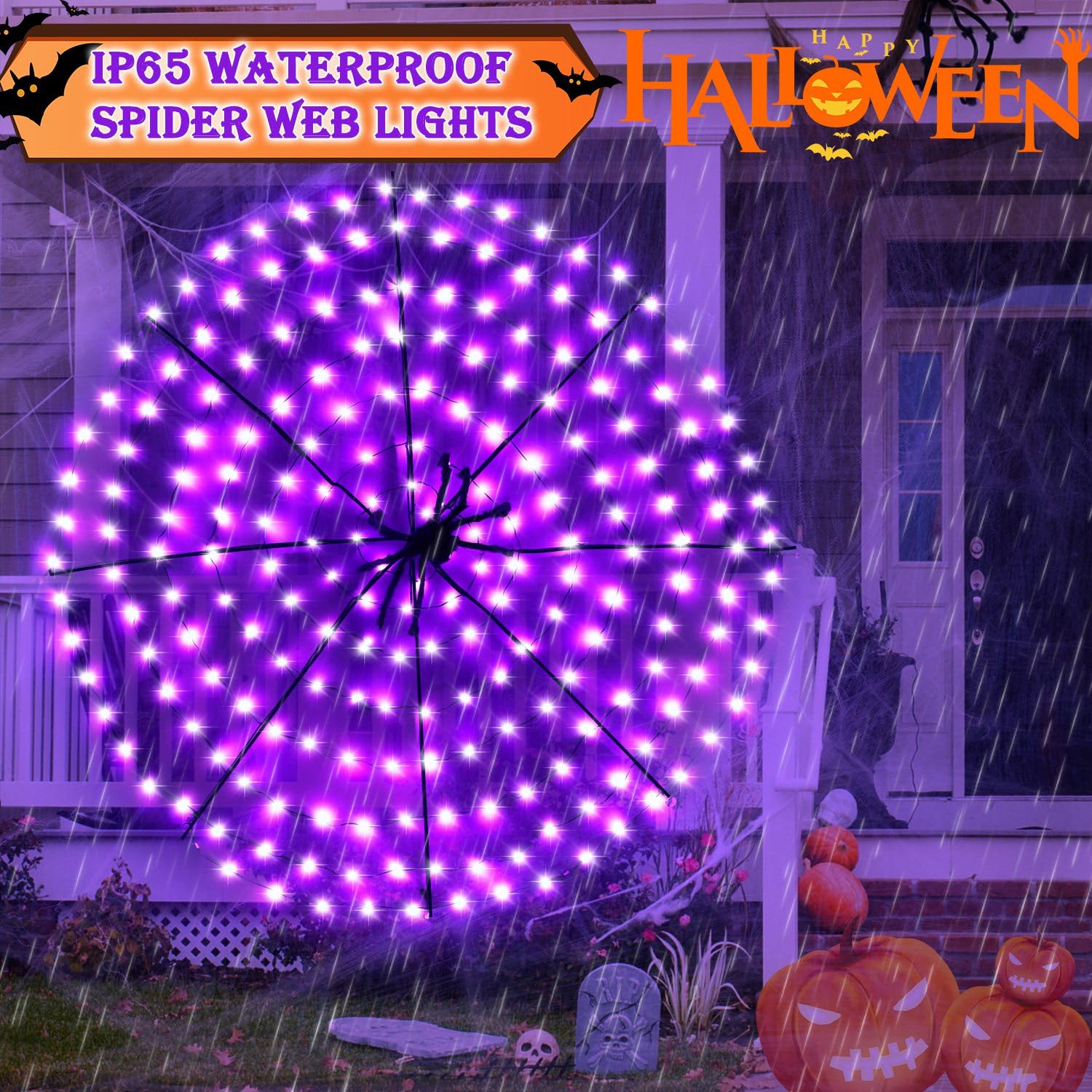 Halloween Decorations Outdoor 6.6ft Large Round Spider Web with 210 LED and Scary Black Spider,Super Bright 8 Modes Halloween Lights for Home Window Wall Garden Yard Party Decor