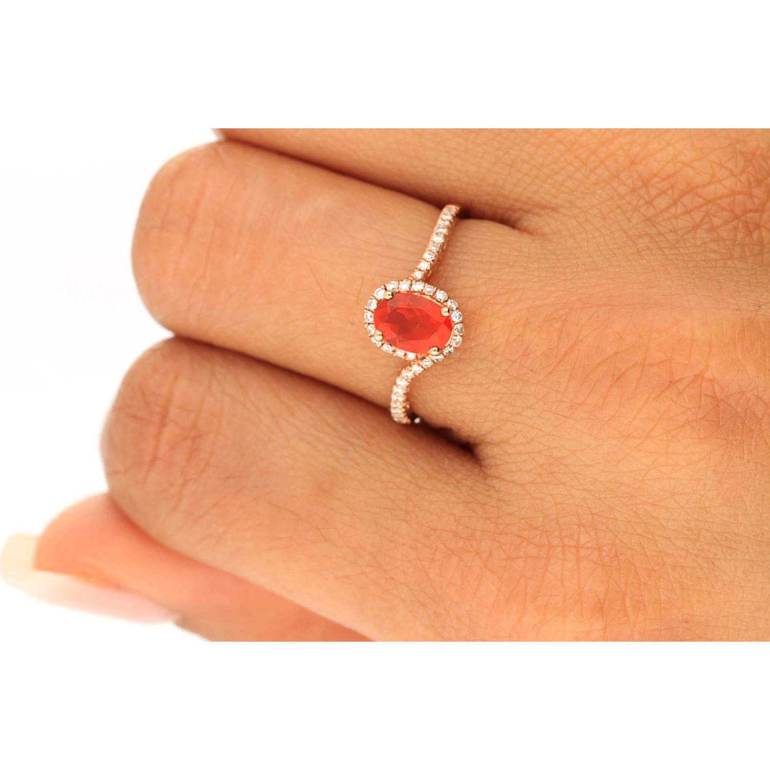Gin and Grace 10K Rose Gold Natural Mexican Fire Opal Ring with Diamonds for women | Ethically, authentically & organically sourced (Oval-cut) shaped opal hand-crafted jewelry for her